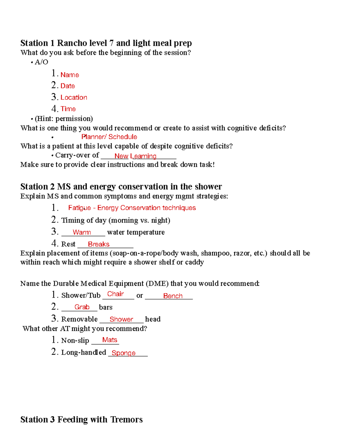 Lab - Dr. D - Station 1 Rancho level 7 and light meal prep What do you ...