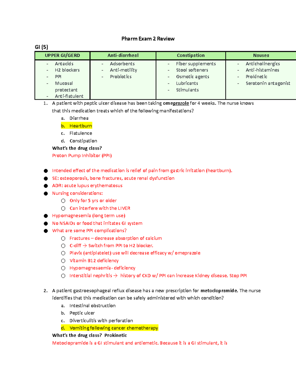 Exam 2 - pharmacology notes for exams - Pharm Exam 2 Review GI (5 ...
