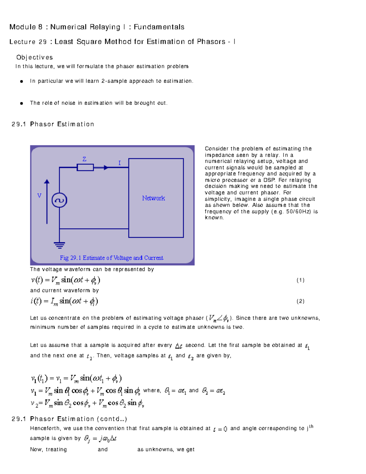 Lecture 29 Numerical Relaying I Fundamentals Of Least Square Method For Estimation Of