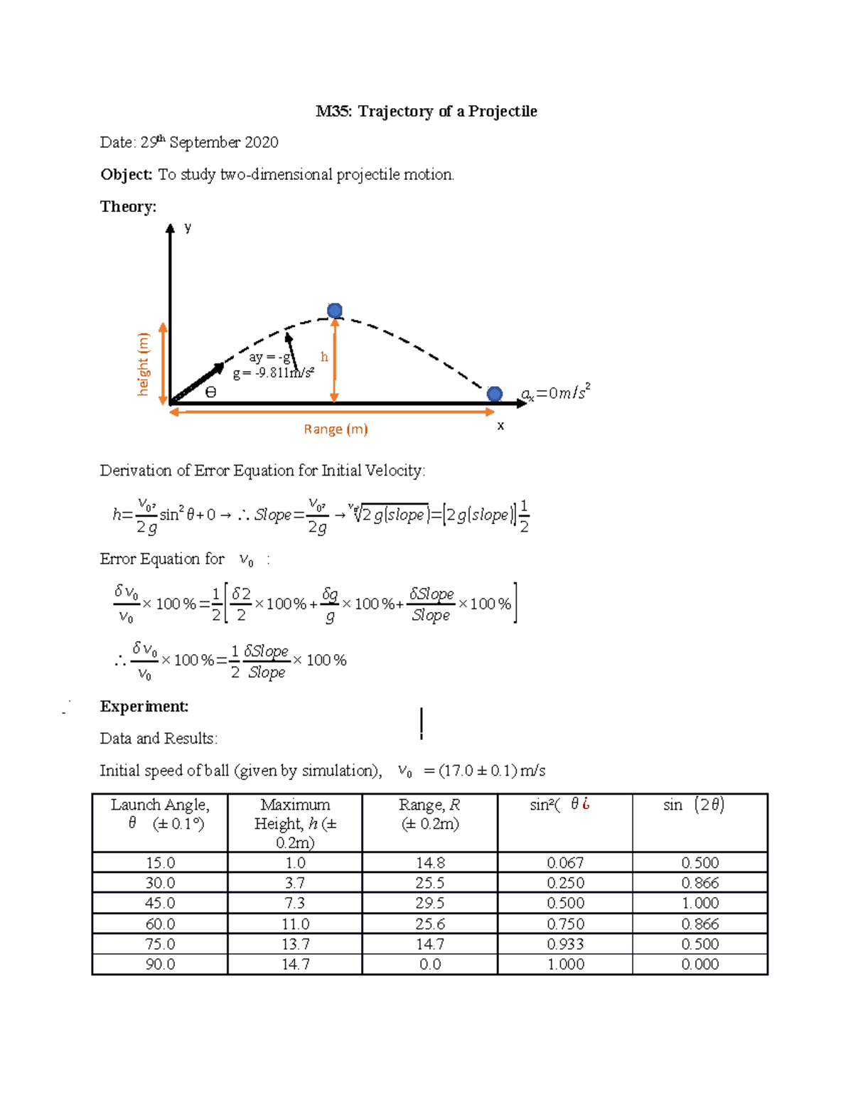 M35 - laboratory - Prof Adam Zulkoskey - M35: Trajectory of a ...