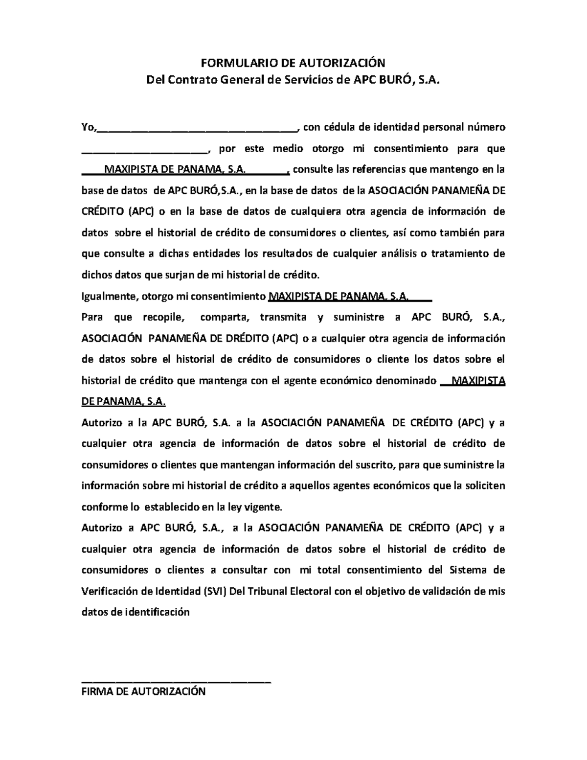 Formulario DE APC - FORMULARIO DE AUTORIZACIÓN Del Contrato General de ...