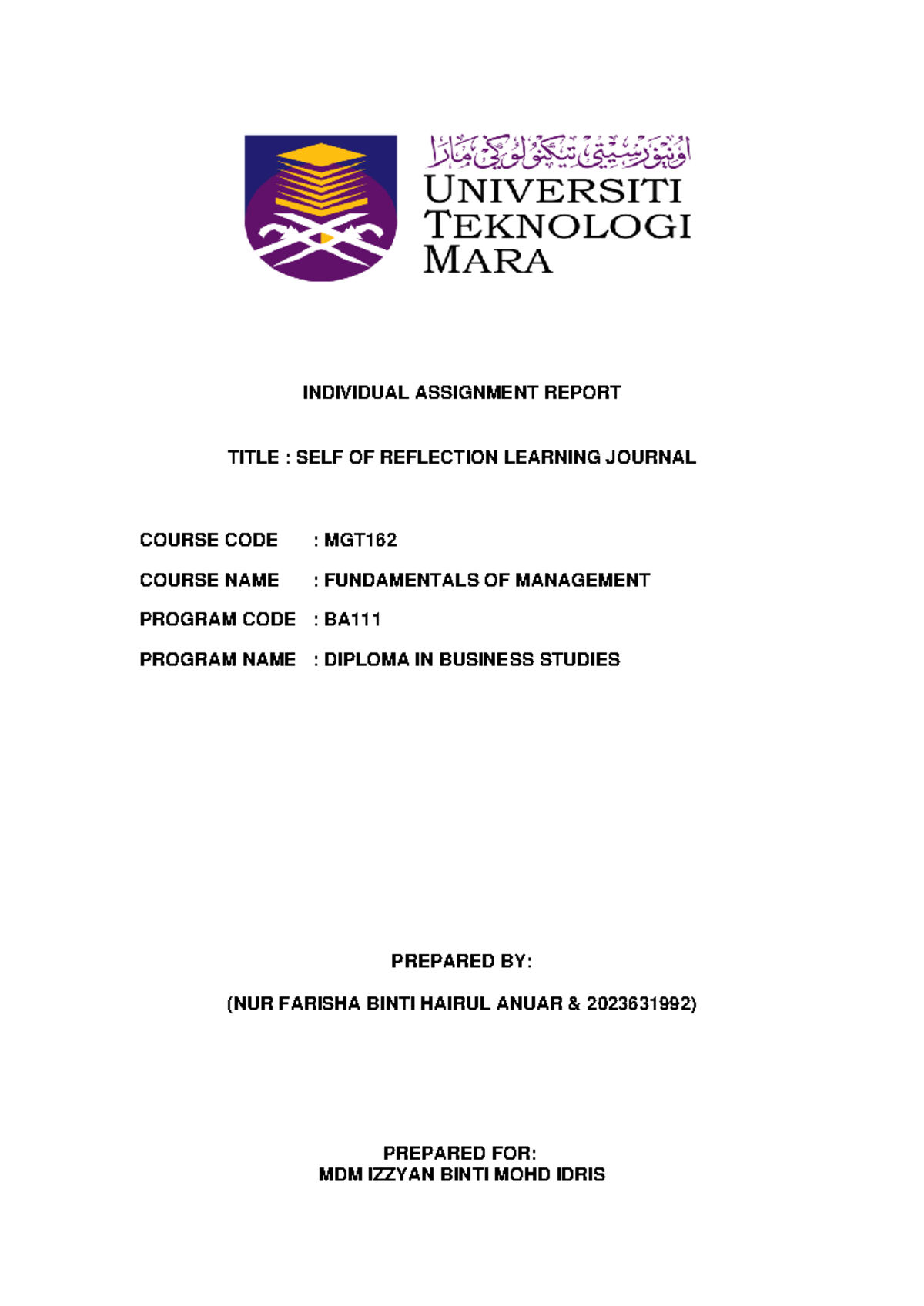 Assignment Individual (MGT 162) - INDIVIDUAL ASSIGNMENT REPORT TITLE ...