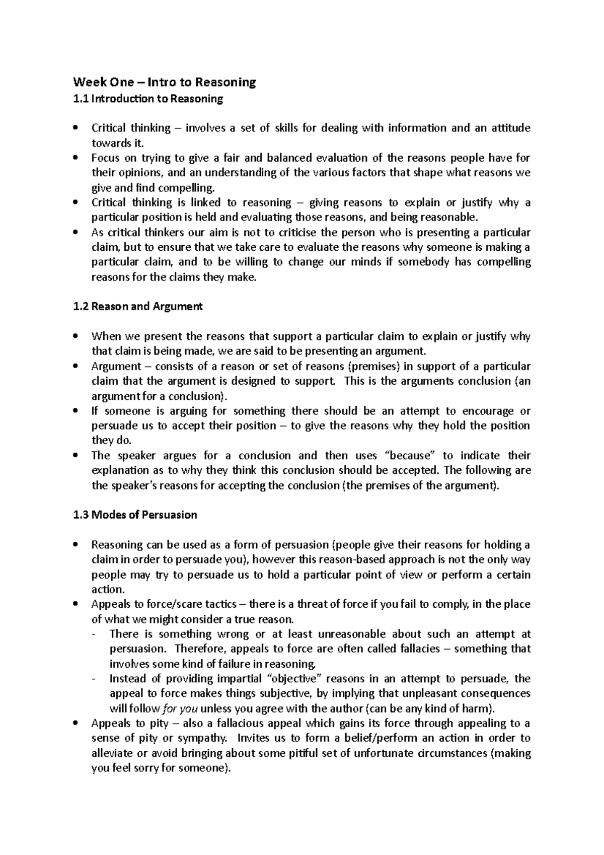 Week One - Intro to Reasoning - Focus on trying to give a fair and ...