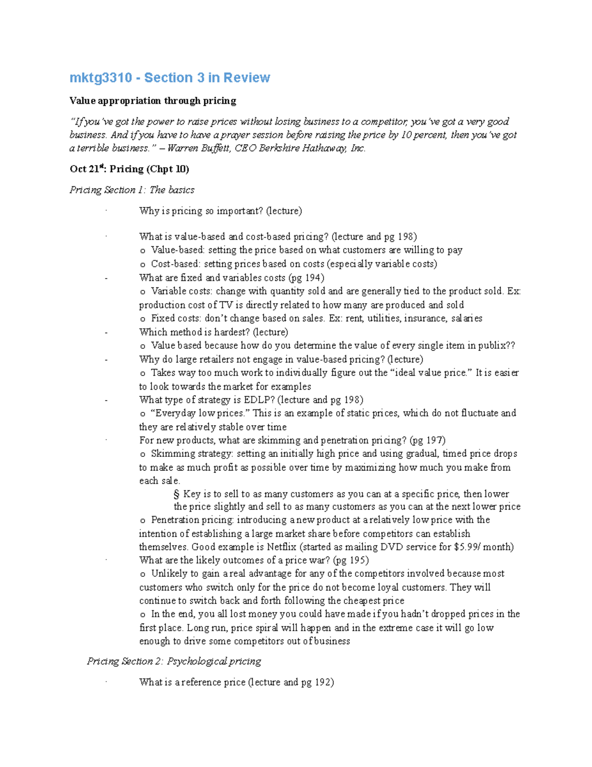 MKTG 3310 Exam 3- Pricing - mktg3310 - Section 3 in Review Value ...