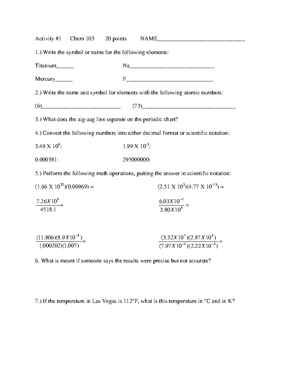 Homework Activity #1 - Activity #1 Chem 103 20 points NAME ...