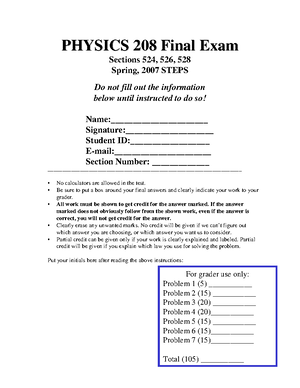 PHYS 208 Final exam - PHYSICS 208 Final Exam Spring, 2015 - Studocu
