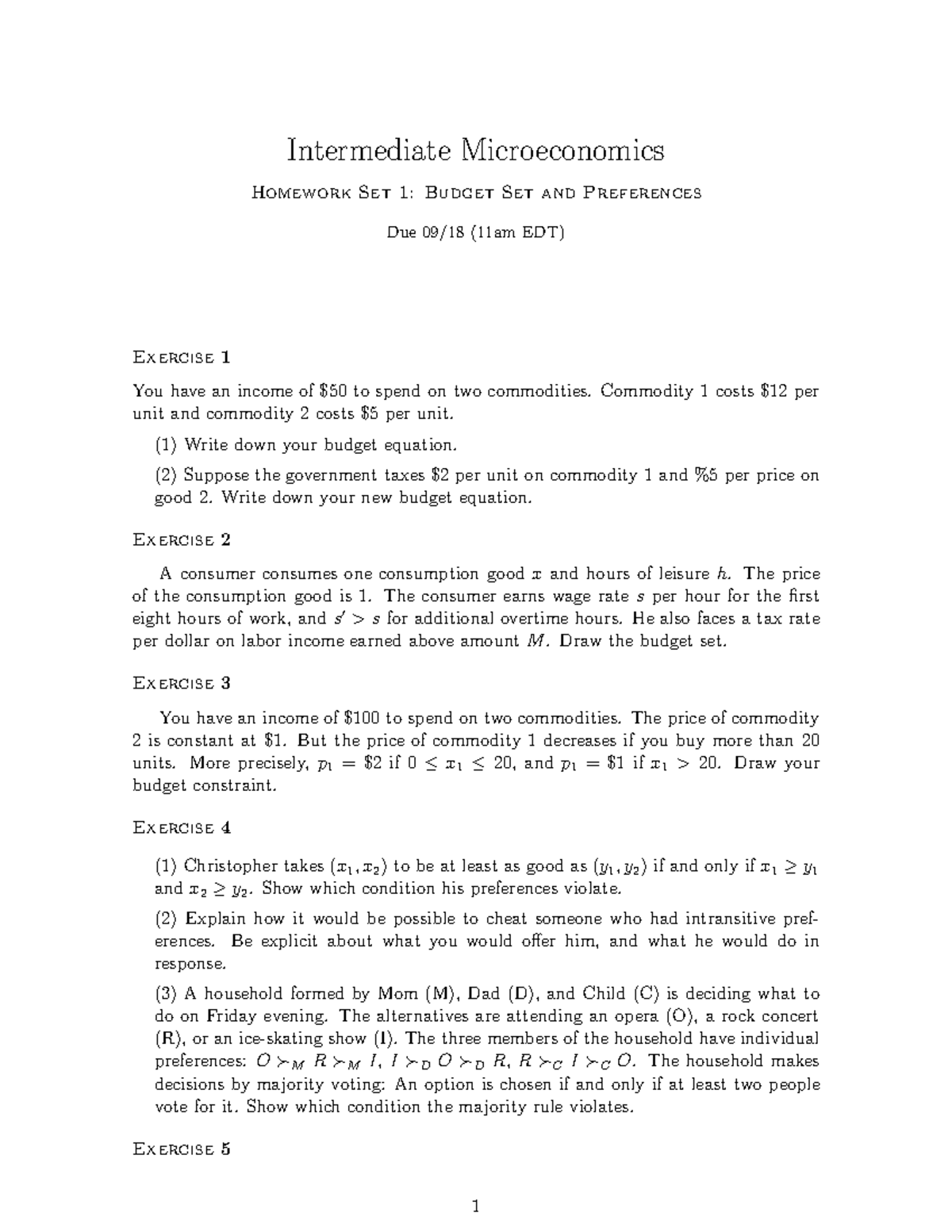 Hmk1 - home work assignment - Intermediate Microeconomics Homework Set ...