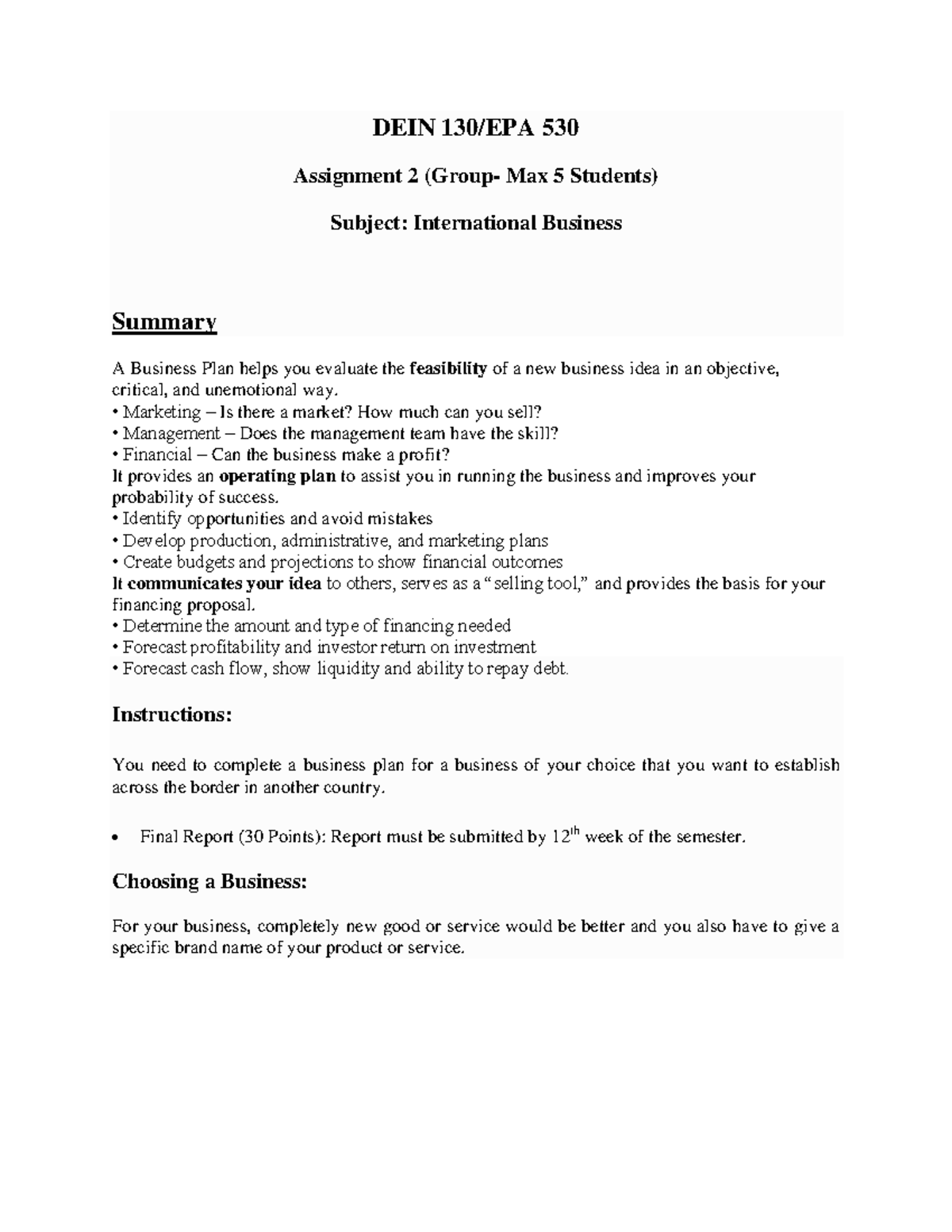 Assignment 2 ( Group) Business Planning Assignment & Tutorials given by ...