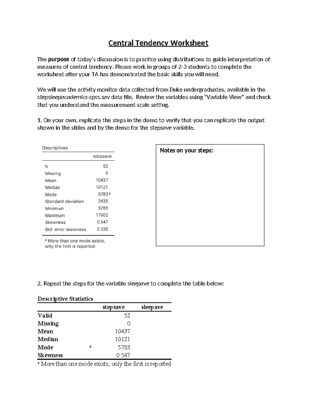 Central Tendency Worksheet - student - Central Tendency Worksheet The purpose of today’s ...