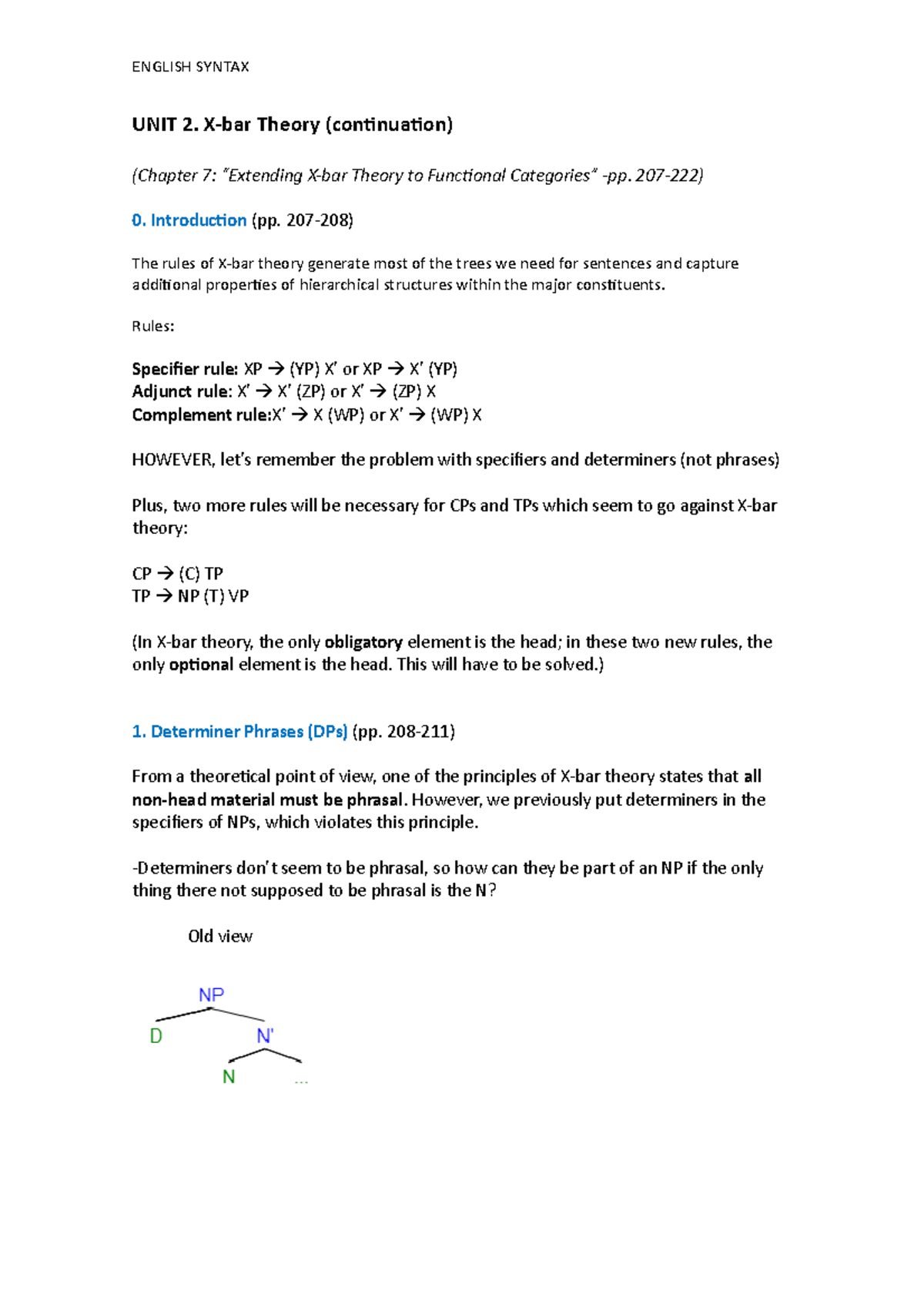 UNIT 2b - apuntes - UNIT 2. X-bar Theory (continuation) (Chapter 7 ...