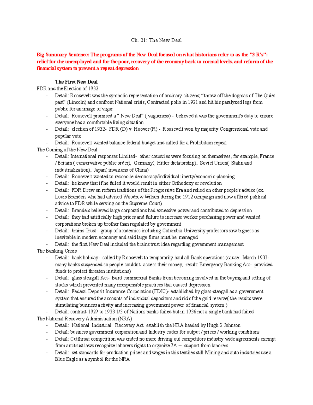 Ch 21 FBI Notes - Ch. 21: The New Deal Big Summary Sentence: The ...