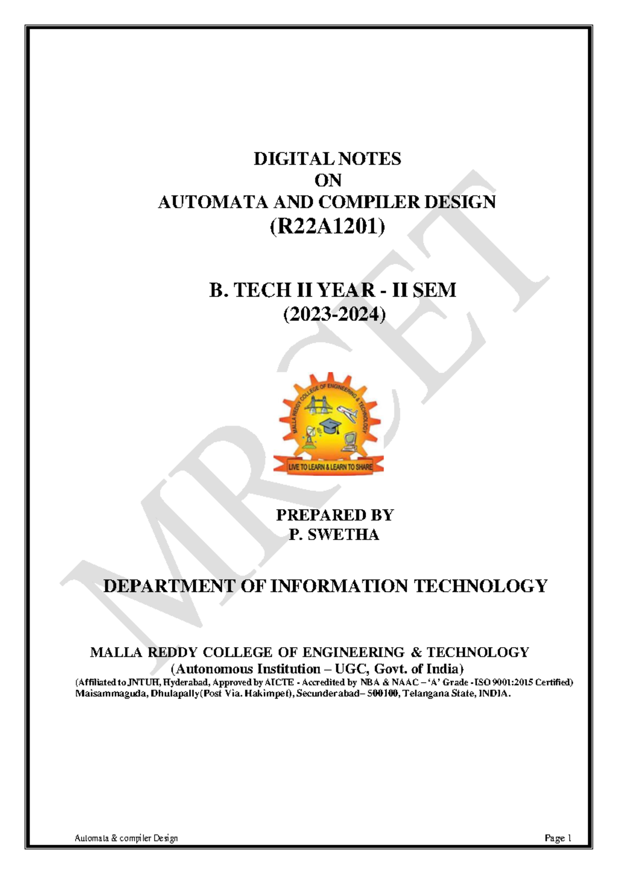 IT (R22) 2-2 Automata AND Compiler Design Digital Notes (2023-24 ...
