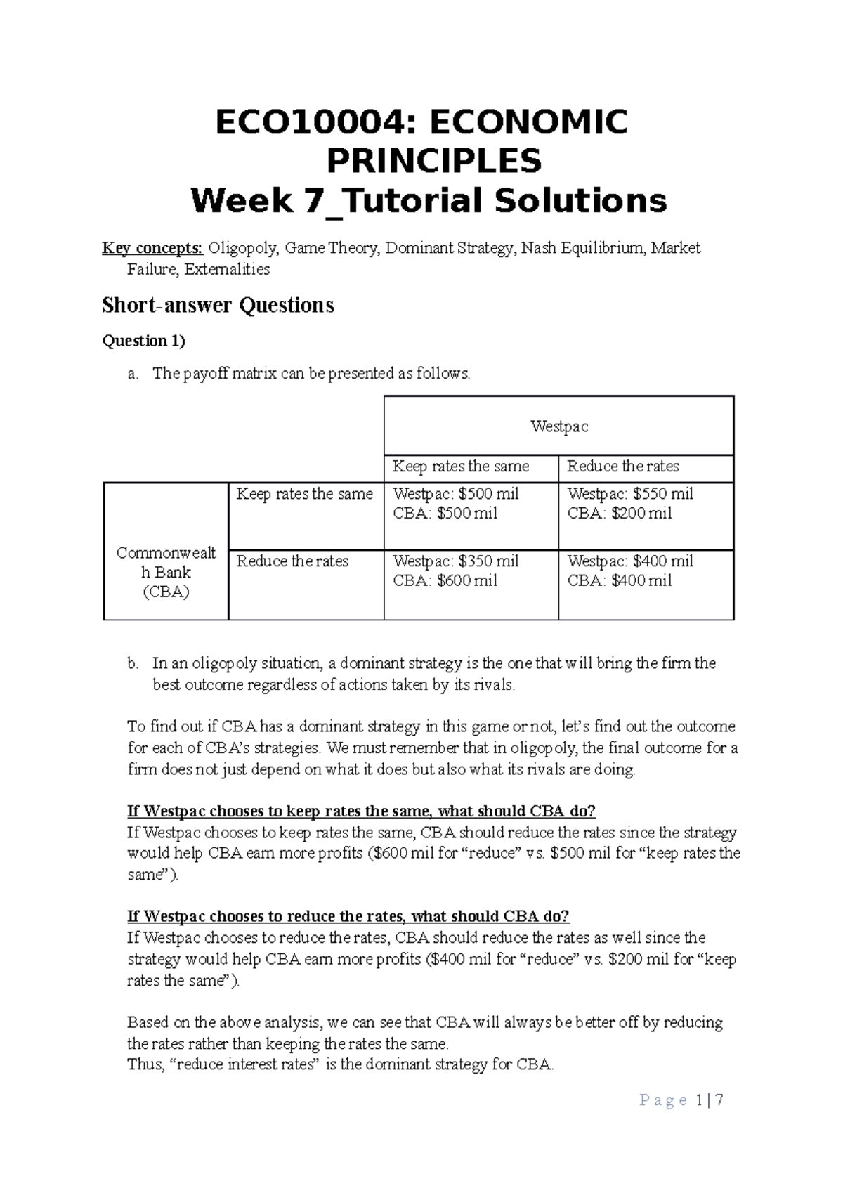 Economic Week 7 - MCQ and Short Questions' Solutions - ECO10004: ECONOMIC PRINCIPLES Week 7 ...