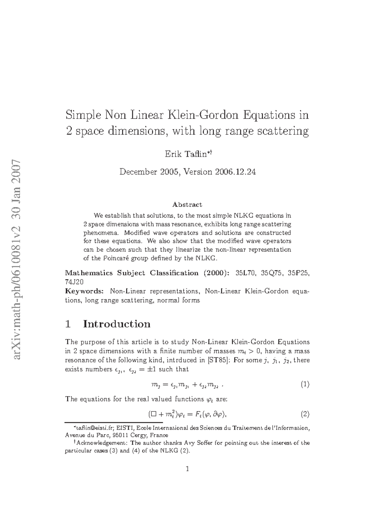 0610081 - Cours - arXiv:math-ph/0610081v2 30 Jan 2007 Simple Non Linear ...