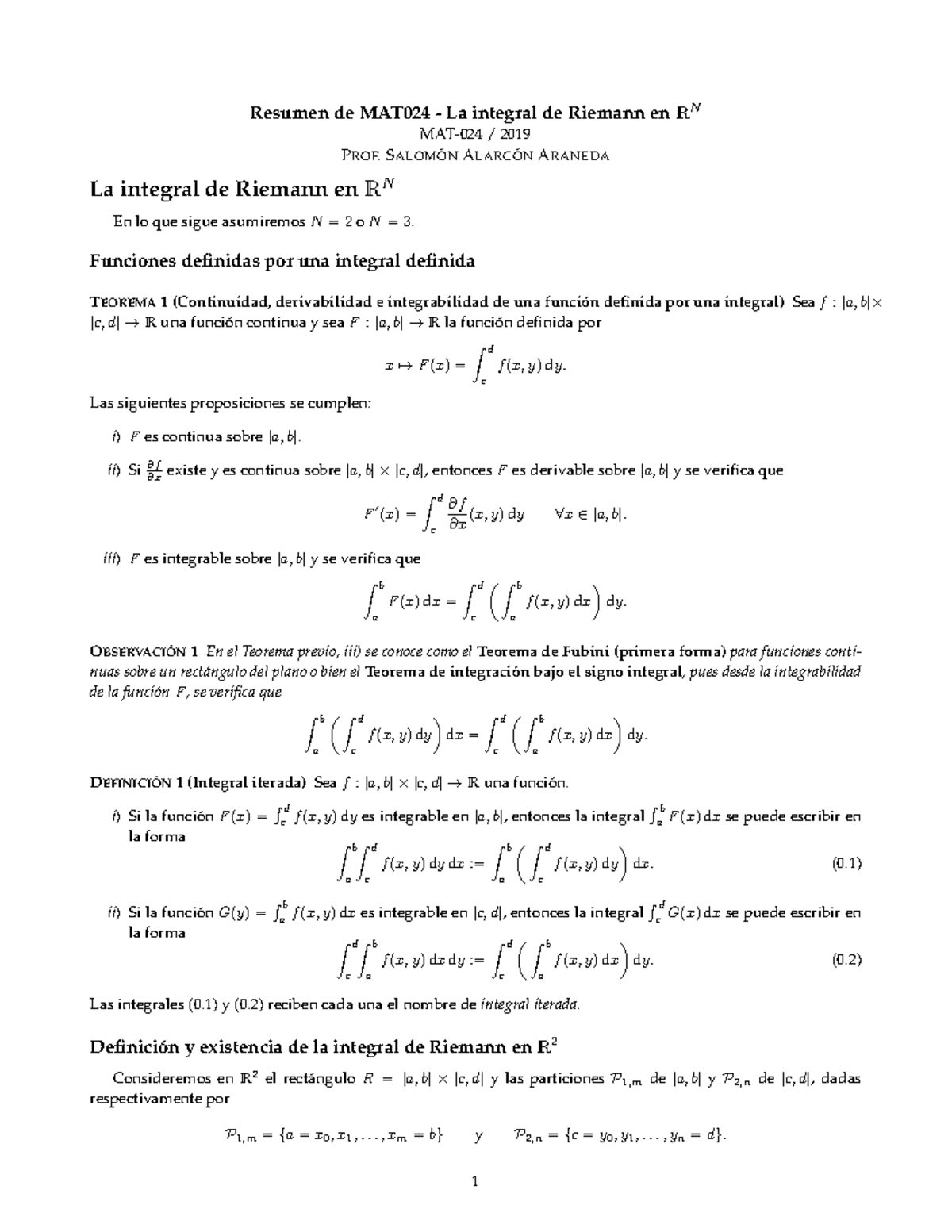 1 - Resumen MAT024 - La integral de Riemann en RN - Resumen de MAT024 - La integral de Riemann ...