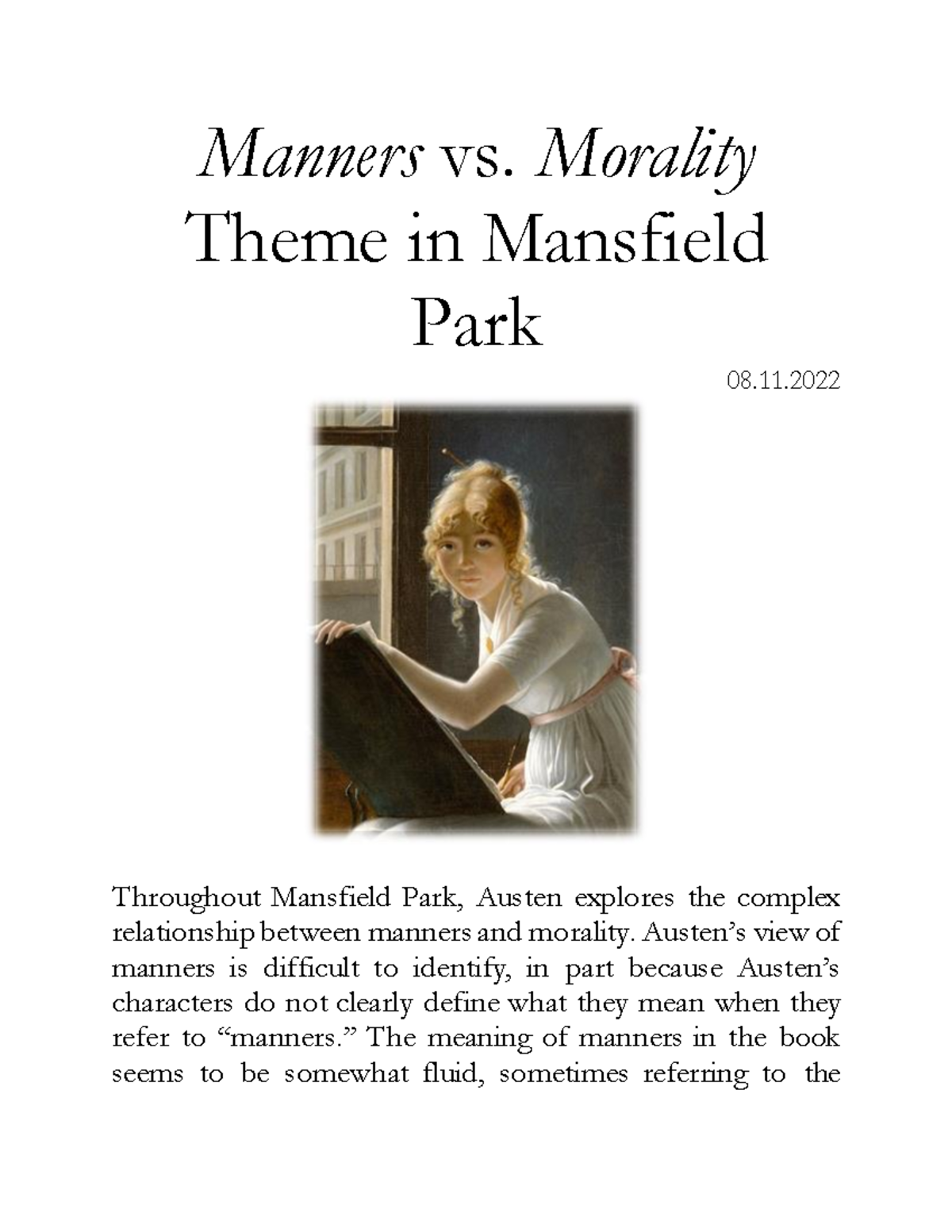Manners vs morality - Hshsbs - Manners vs. Morality Theme in Mansfield ...