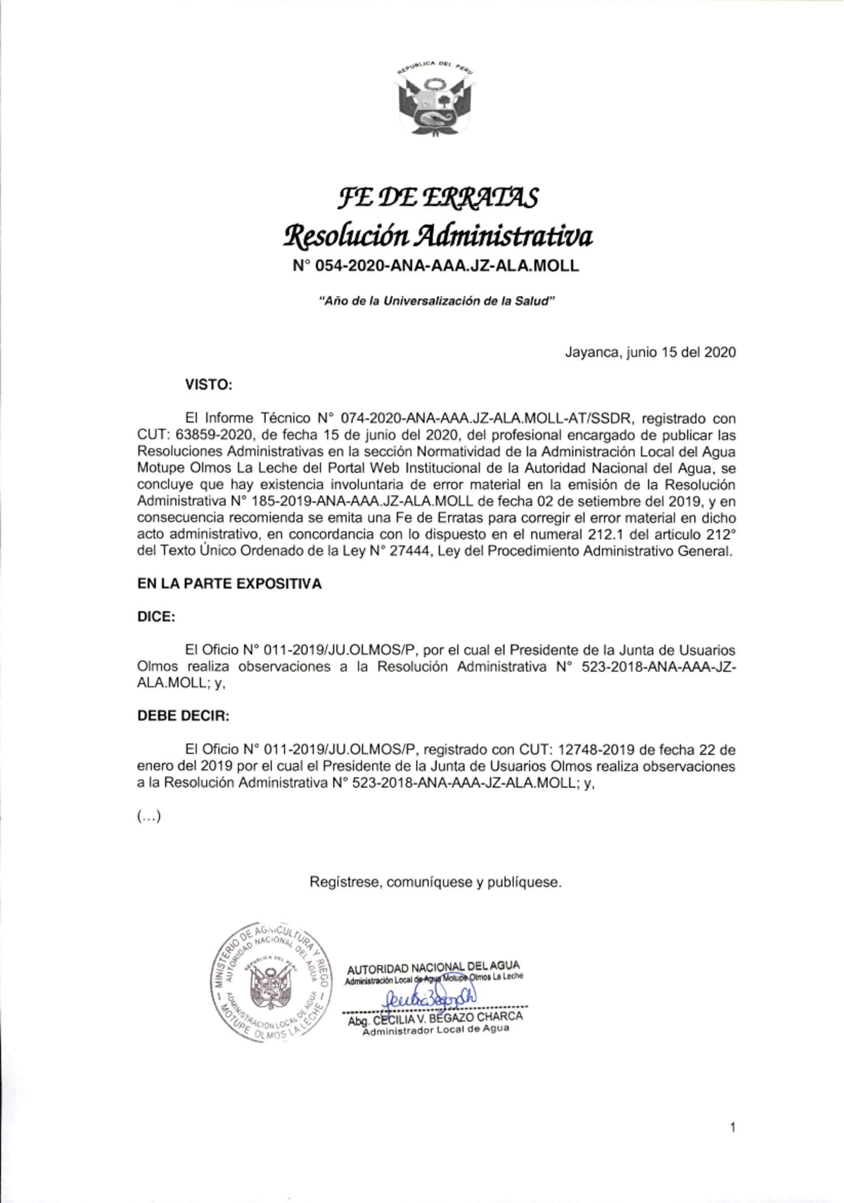 Modelo de fe de erratas - sea útil - REPUBLICA DEL PERU FE DE ERRATAS ...