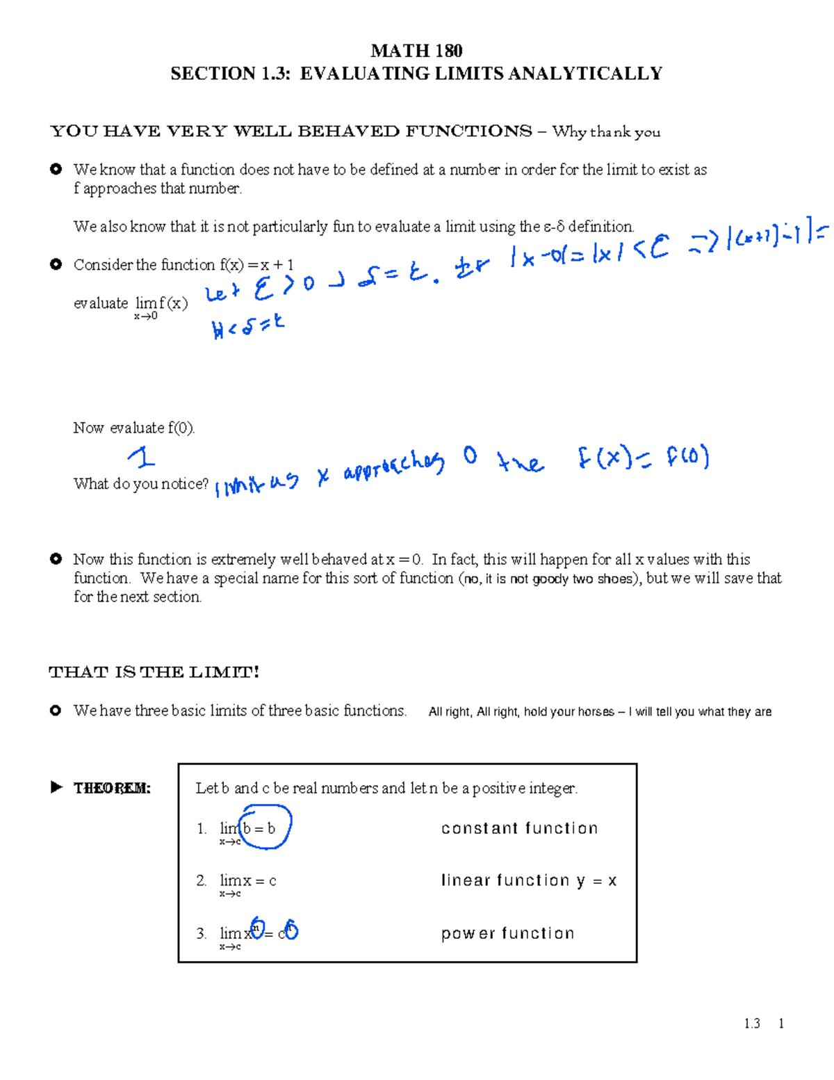 Lesson 1.3 Calc 2 - MATH 180 SECTION 1: EVALUATING LIMITS ANALYTICALLY ...