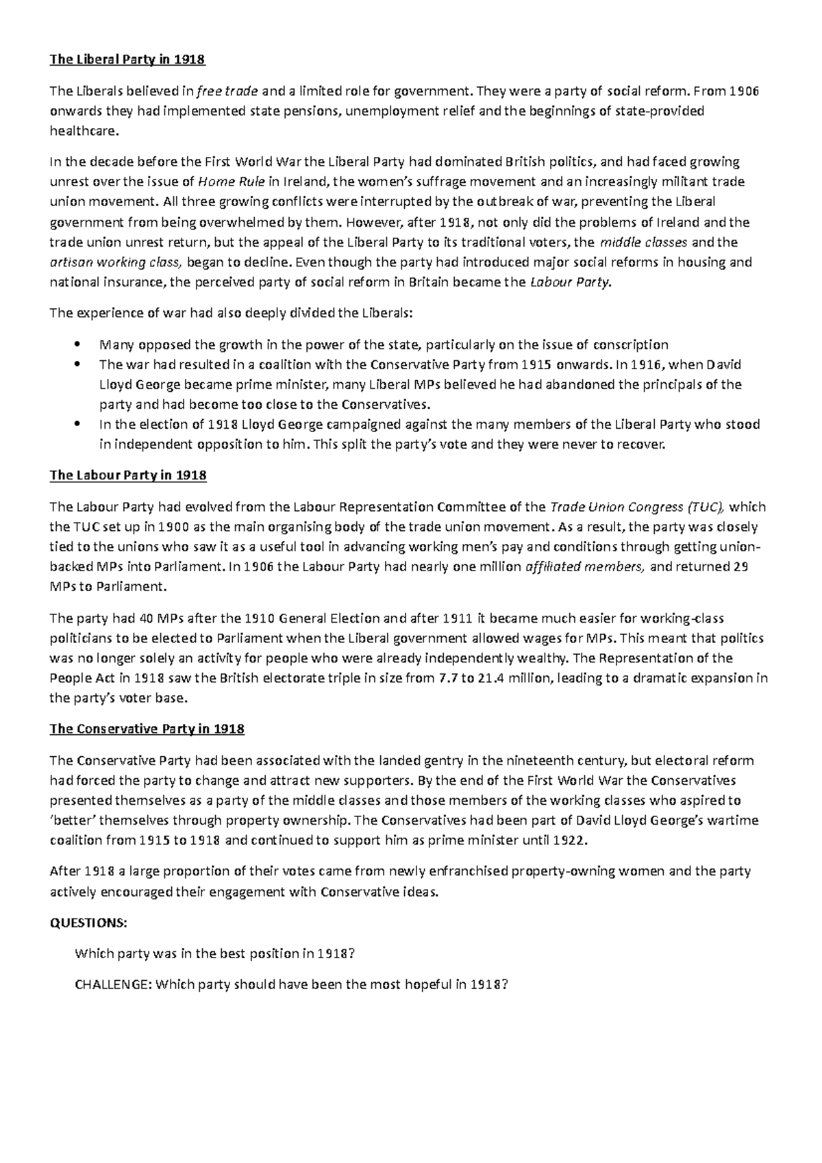 Politics in 1918 Info - Political landscape of Britain in 1918 - The ...