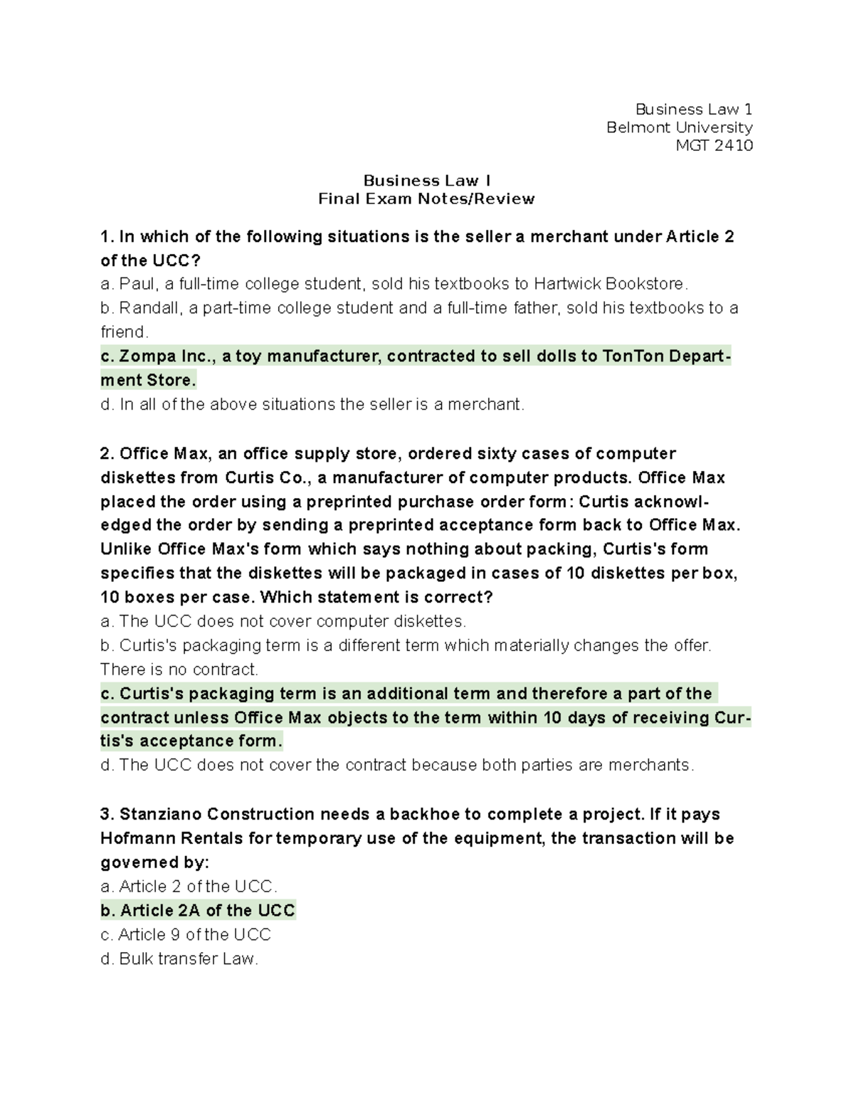 Business Law Final Exam Notes - Business Law 1 Belmont University MGT ...