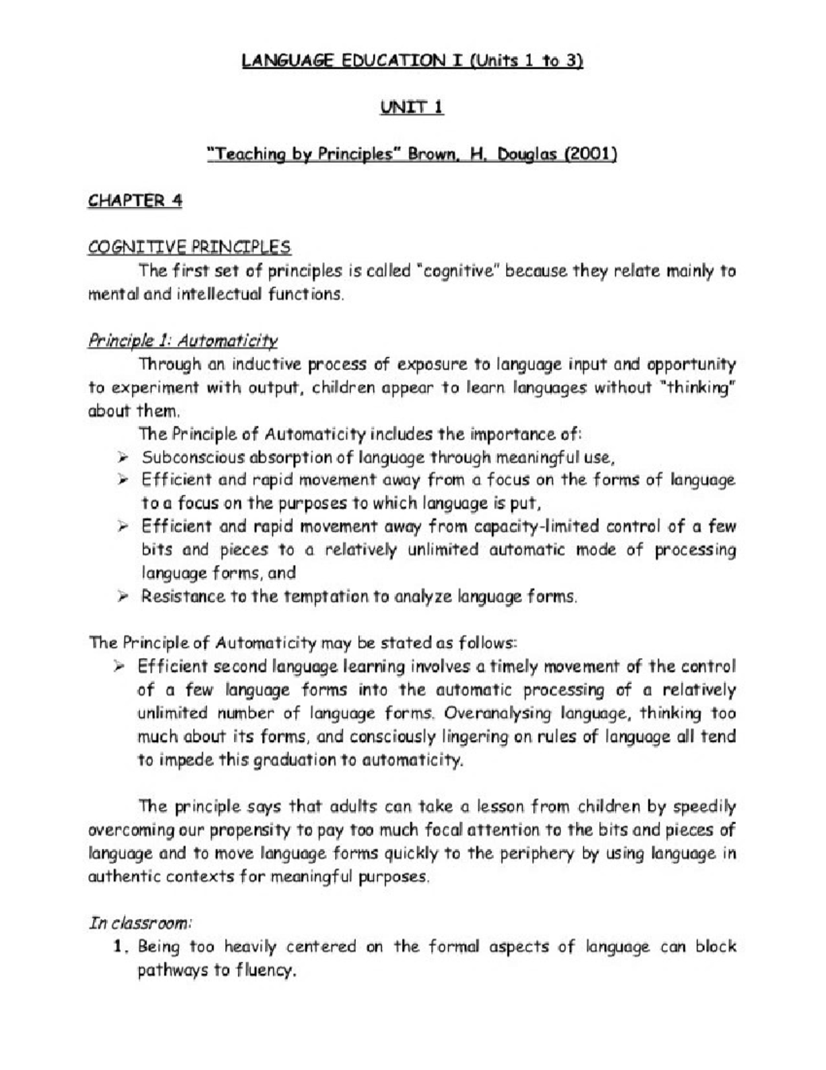 Teaching Principles Brown, H, Douglas (2001) Chapter 4 - Theories and ...