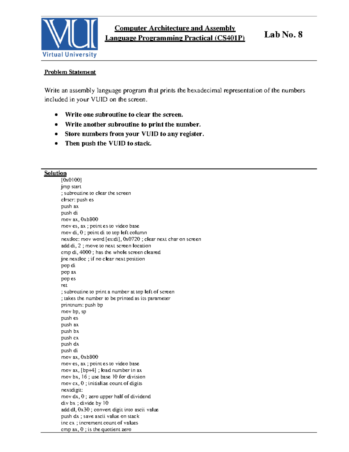 Lab No 8 Digital Logic And Design Computer Architecture And Assembly Language Programming