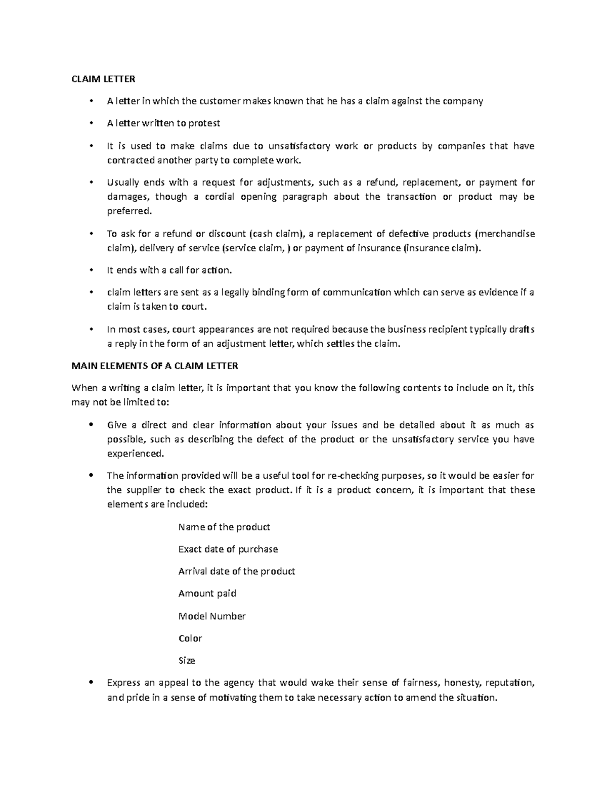 Claim Letter or A Letter written to Protest - CLAIM LETTER A letter in ...