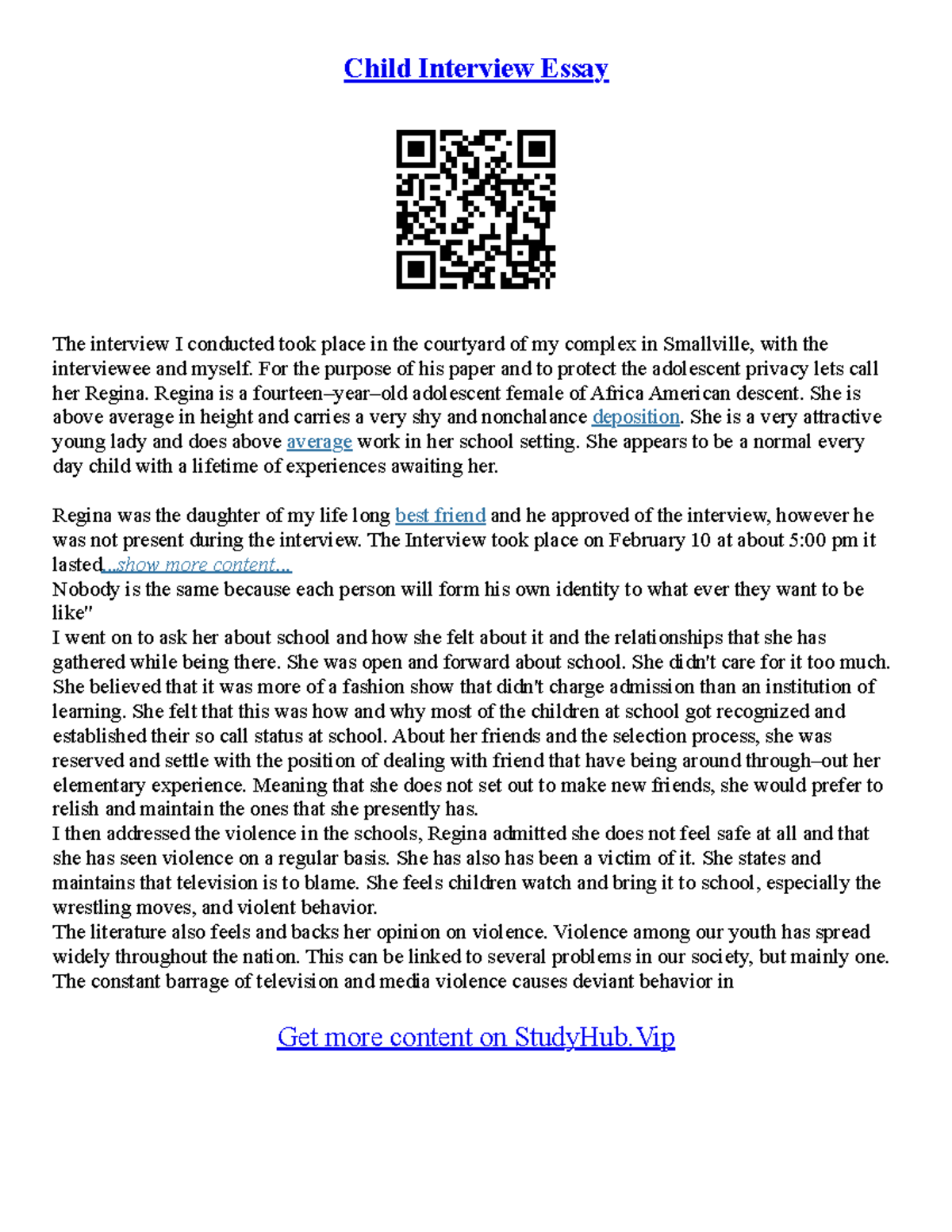 Essays For Kids - Child Interview Essay The interview I conducted took ...