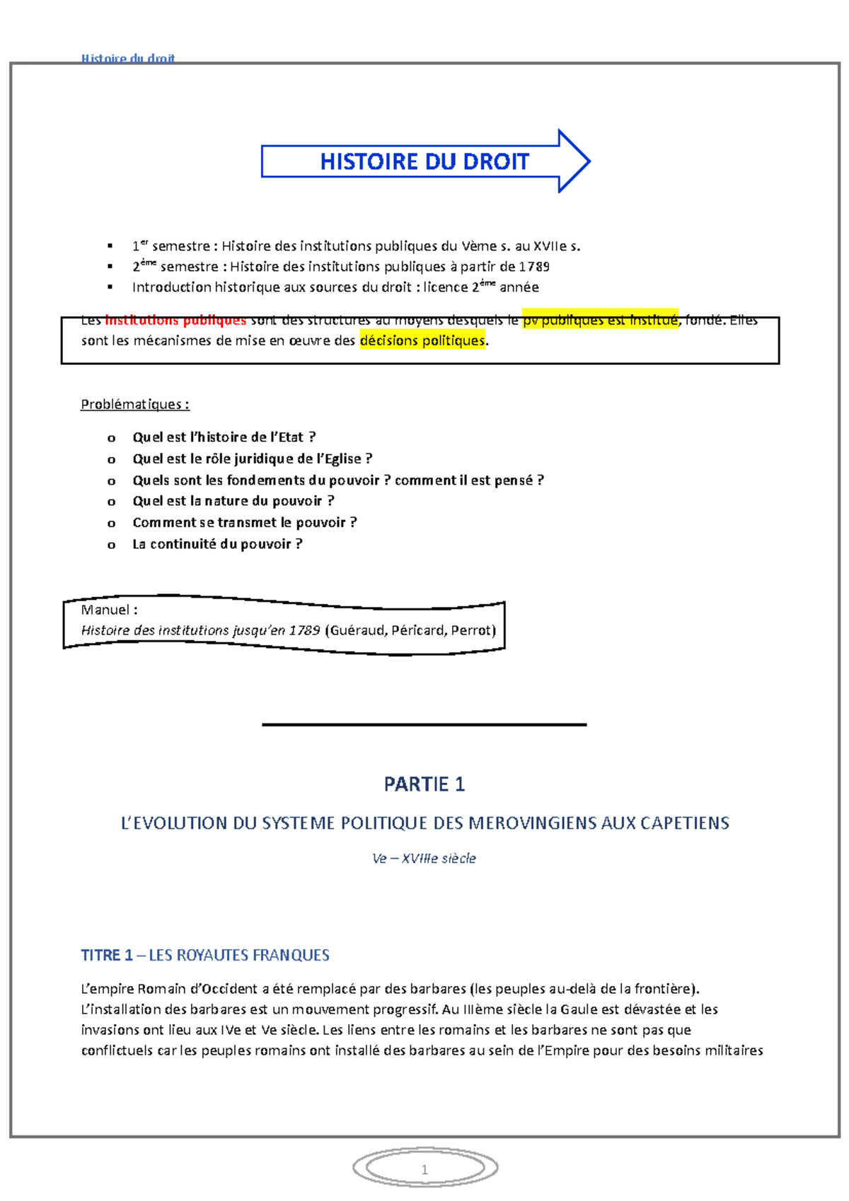 Histoire du droit (final) - HISTOIRE DU DROIT 1 er semestre : Histoire des institutions ...