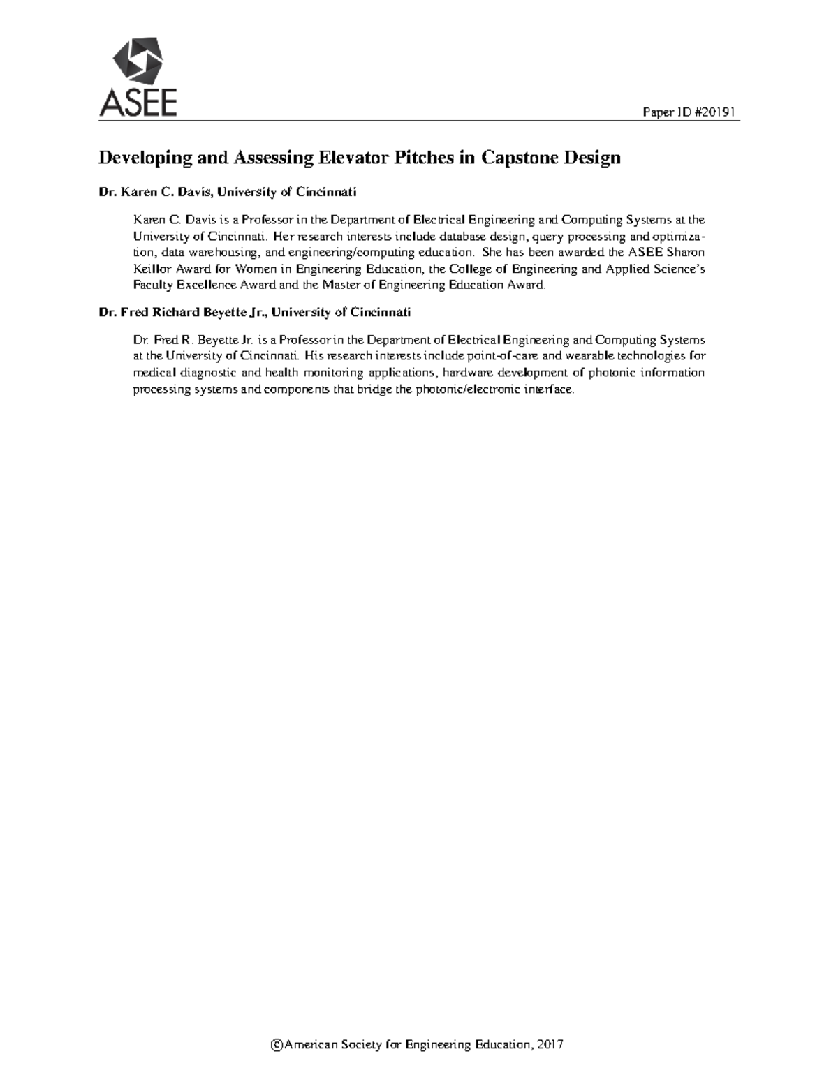 Developing and assessing elevator pitches in capstone design - Paper ID ...