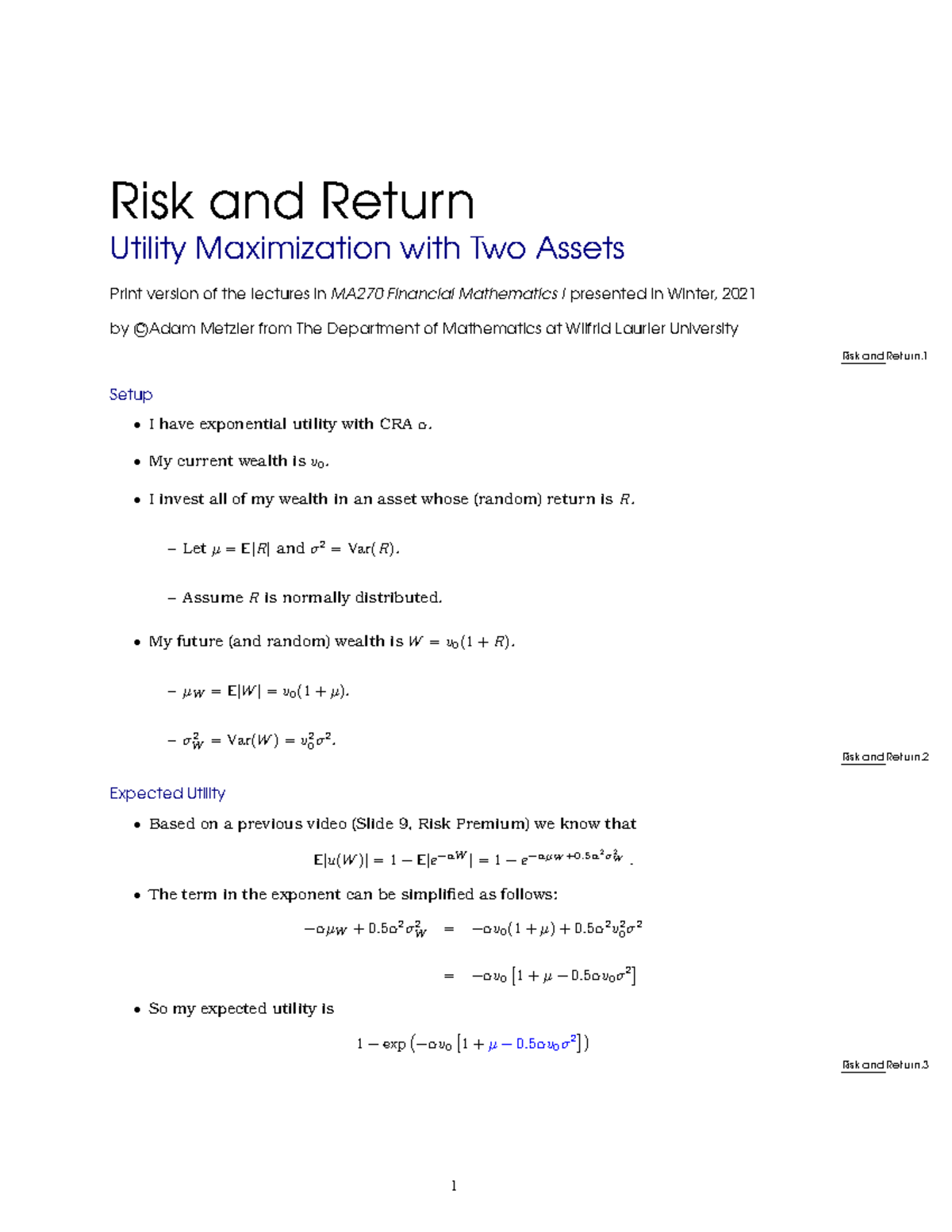 MA270 Max Utility Two Notes - MA270 Financial Math - Risk and Return ...