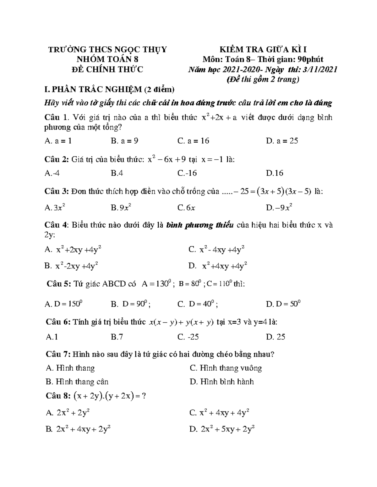 De kiem tra giua ki 1 toan 8 nam 2021 2022 truong thcs ngoc thuy ha noi - ####### TR ̄ÞNG THCS ...