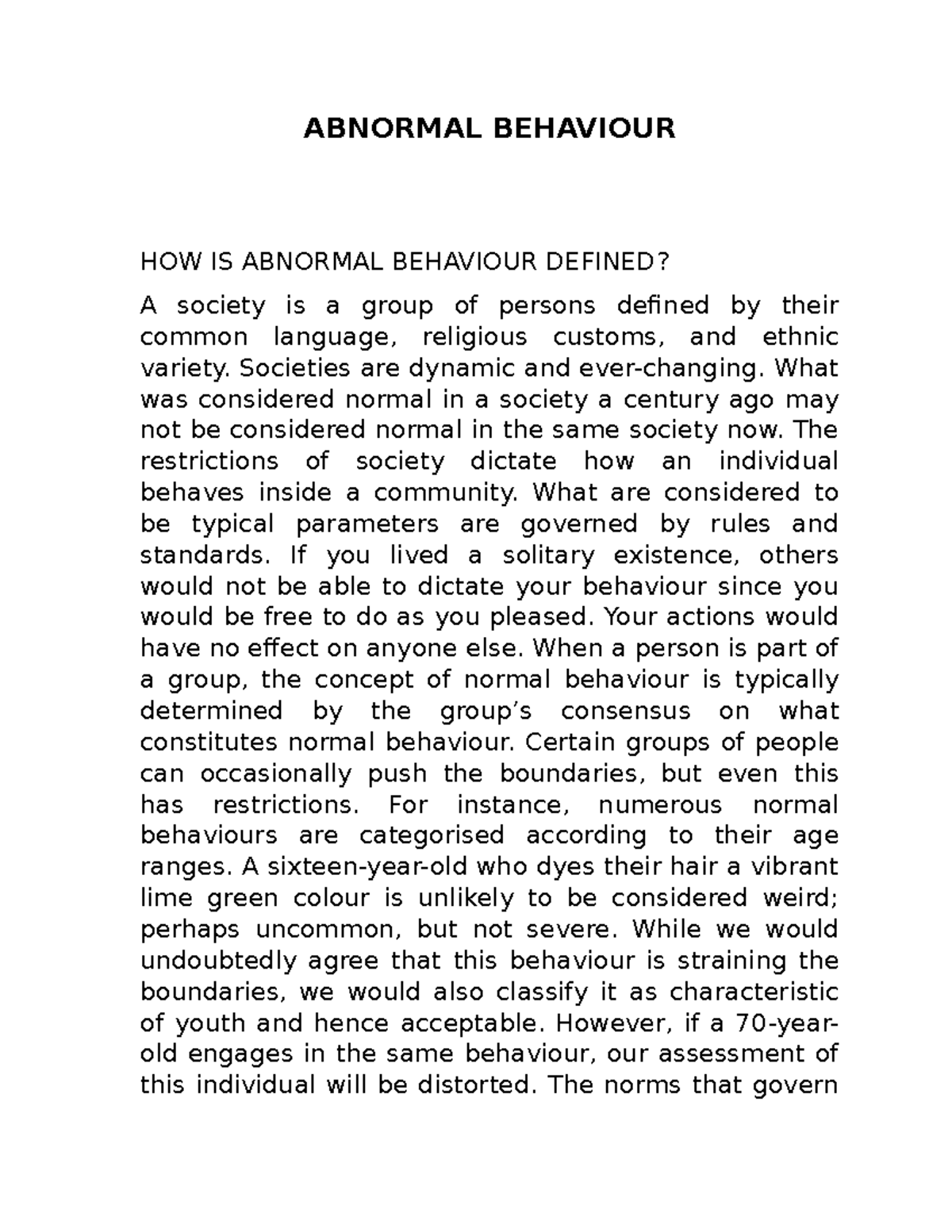 Abnormal Behaviour Lecture Notes 3 Abnormal Behaviour How Is Abnormal Behaviour Defined A