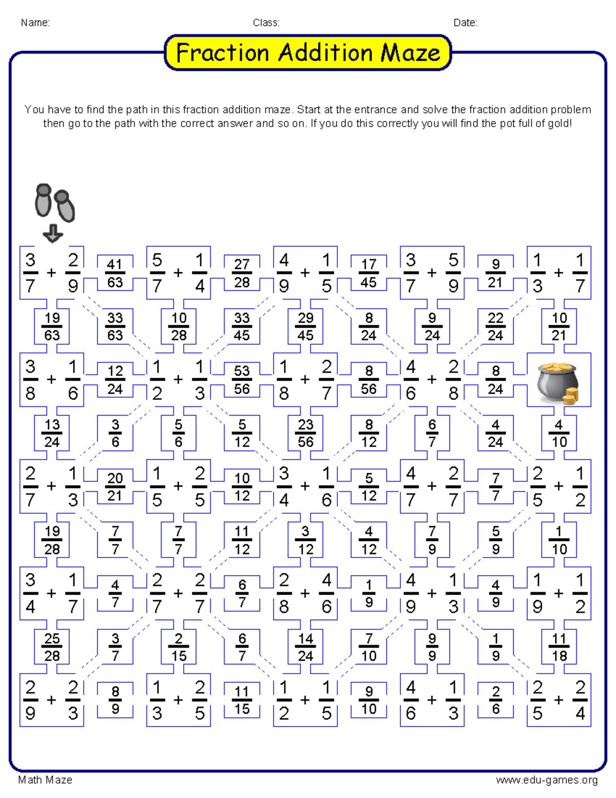 Aerm Fraction Addition Maze - Name: Class: Date: Fraction Addition Maze ...