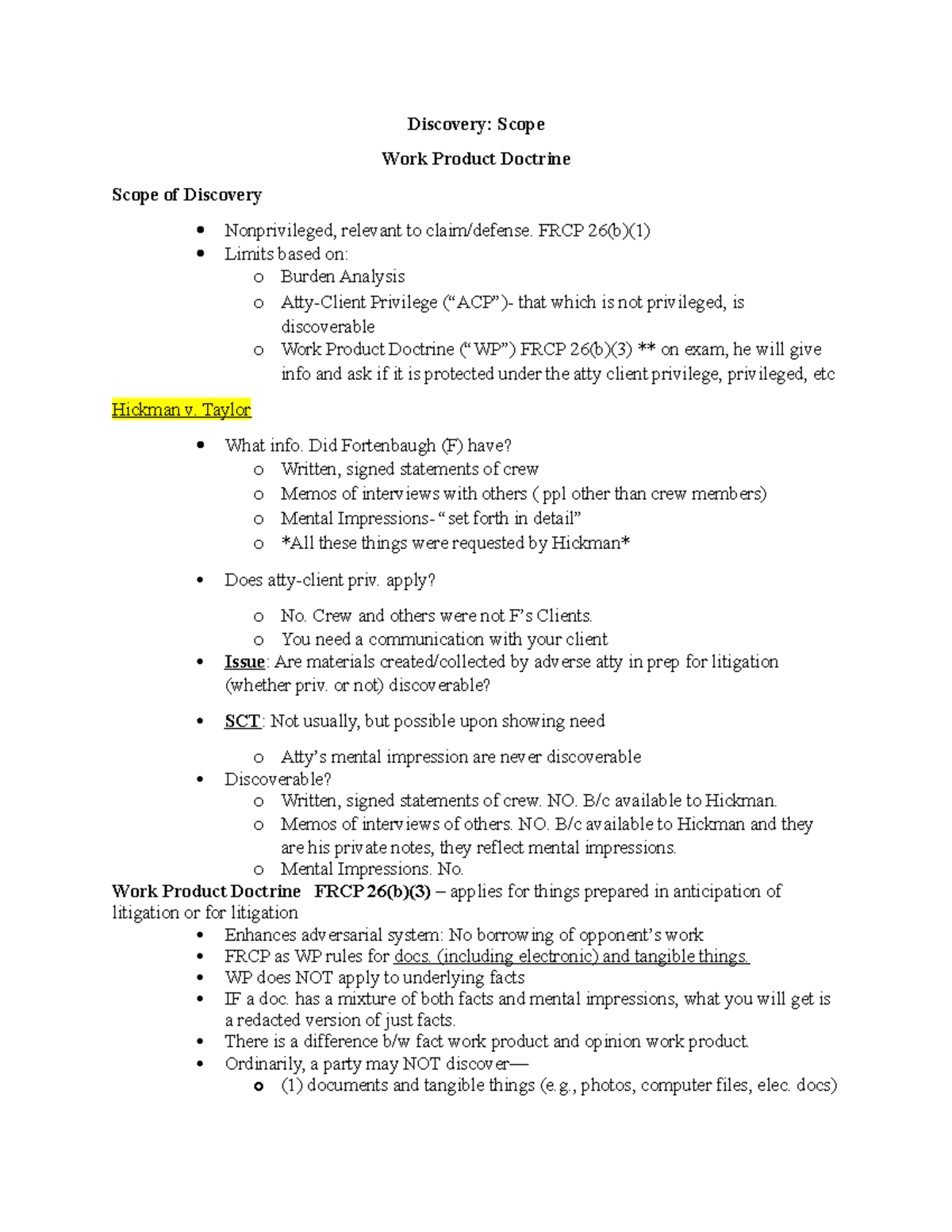 Full Outline Civ Pro - Discovery: Scope Work Product Doctrine Scope of ...