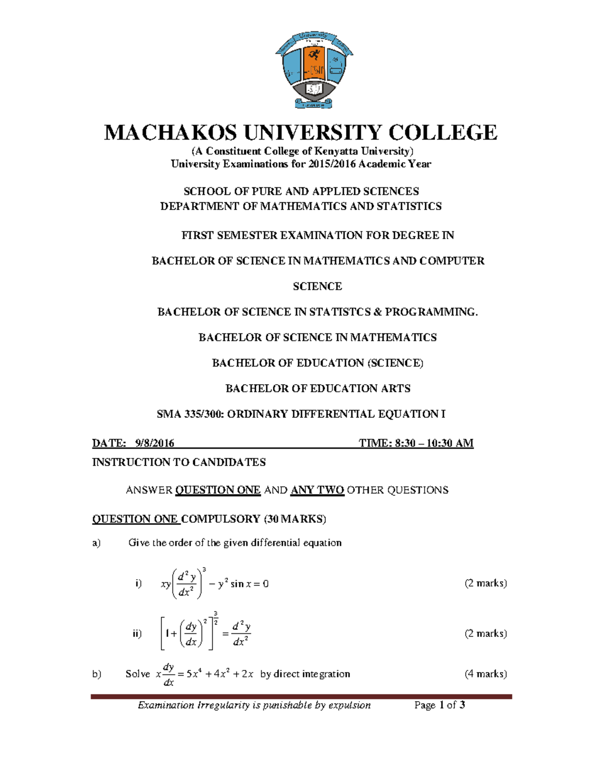 SMA 335-Ordinary Differential Equation I - Examination Irregularity is ...