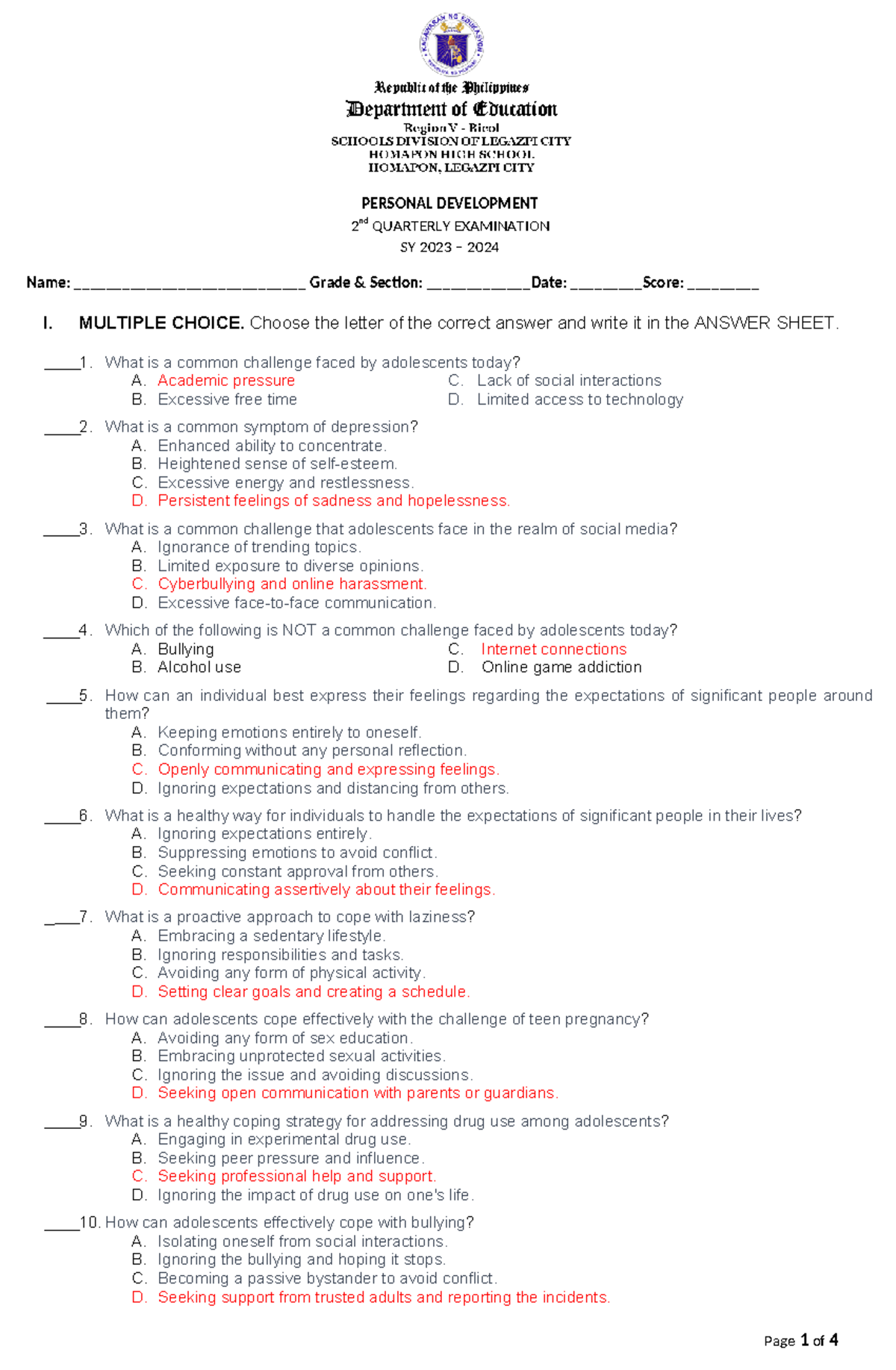 Personal Development-KEY TO Correction-NEW - PERSONAL DEVELOPMENT 2 nd ...