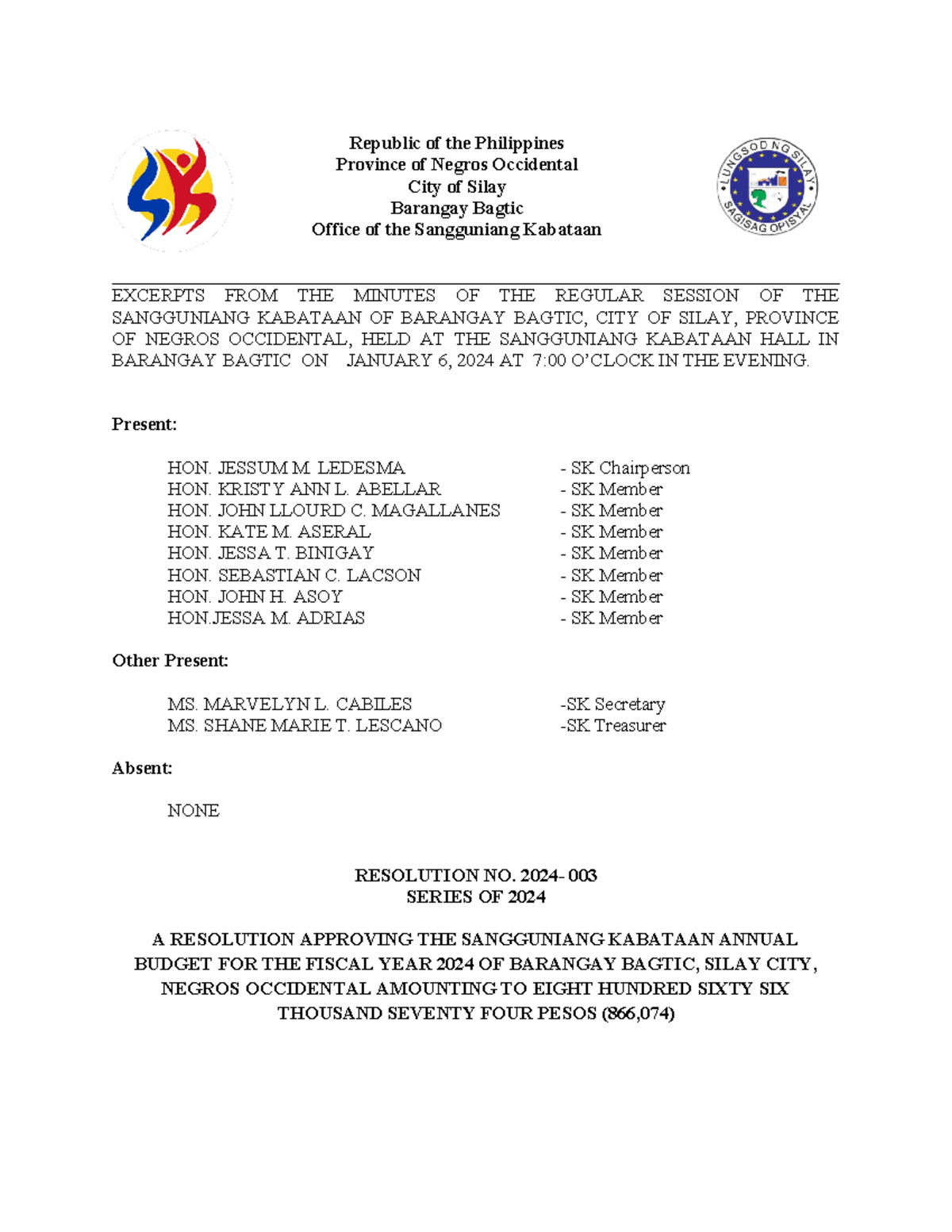 Resolution NO. 3 Abyip - Republic of the Philippines Province of Negros ...