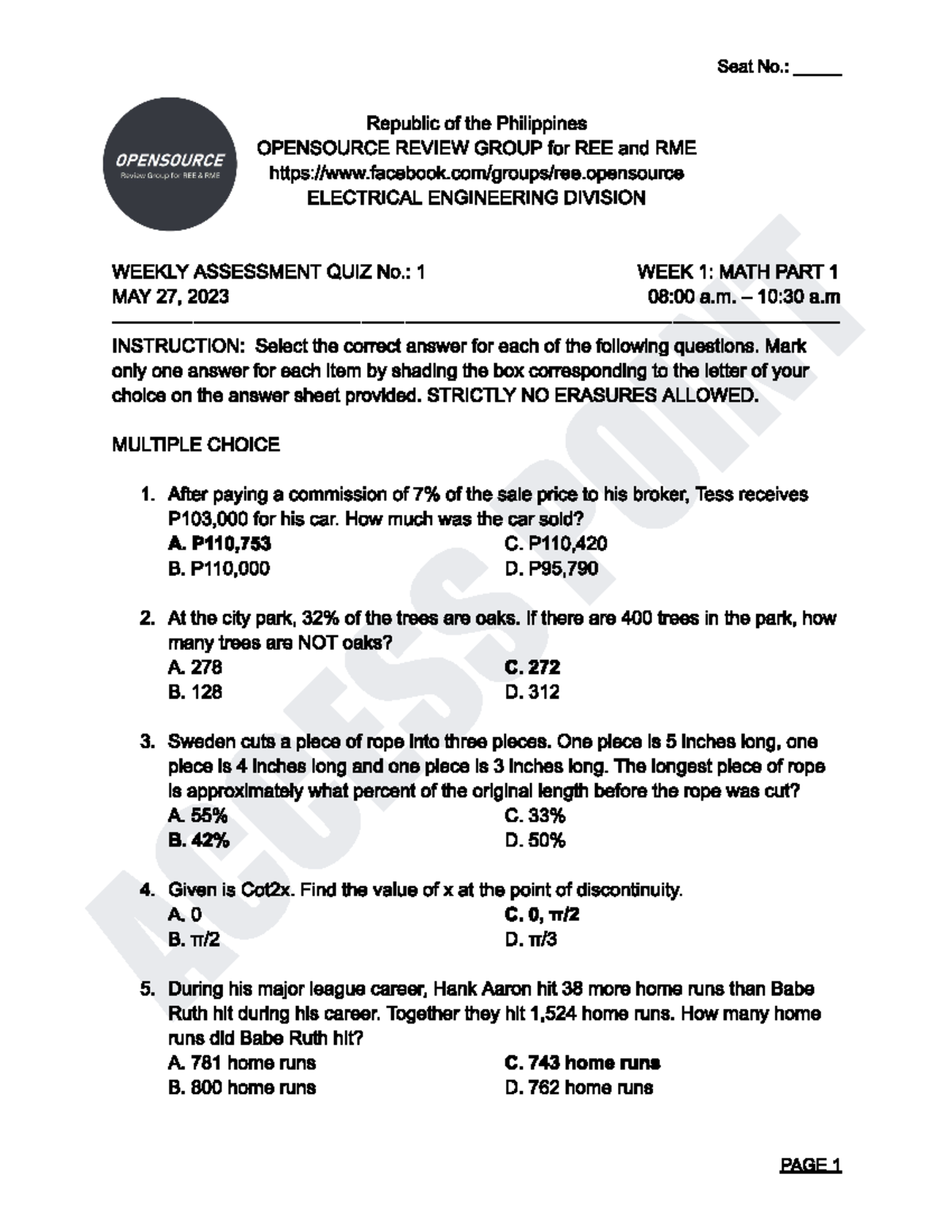 Weekly QUIZ 1 (Keys) - ACCESS POINT REVIEW CENTER - Seat No.: Republic ...