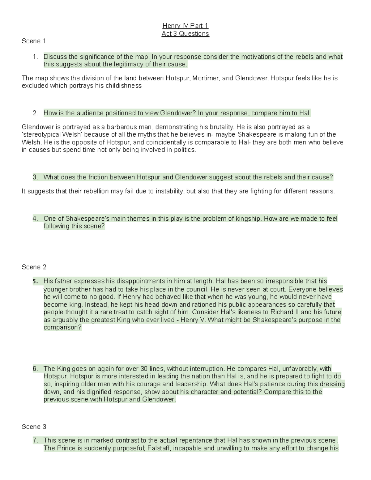 Henry IV Part 1 - Act 3 qs - ENglish Advanced HSC - Henry IV Part 1 Act ...