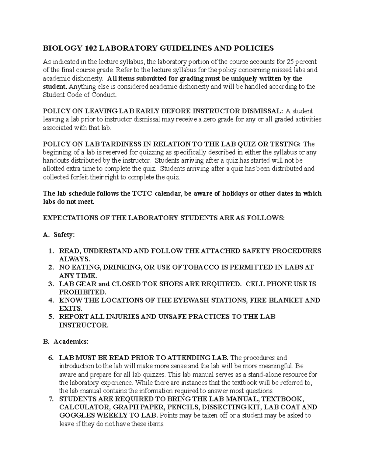 Biology 102 Laboratory Guidelines AND Policies - BIOLOGY 102 LABORATORY ...