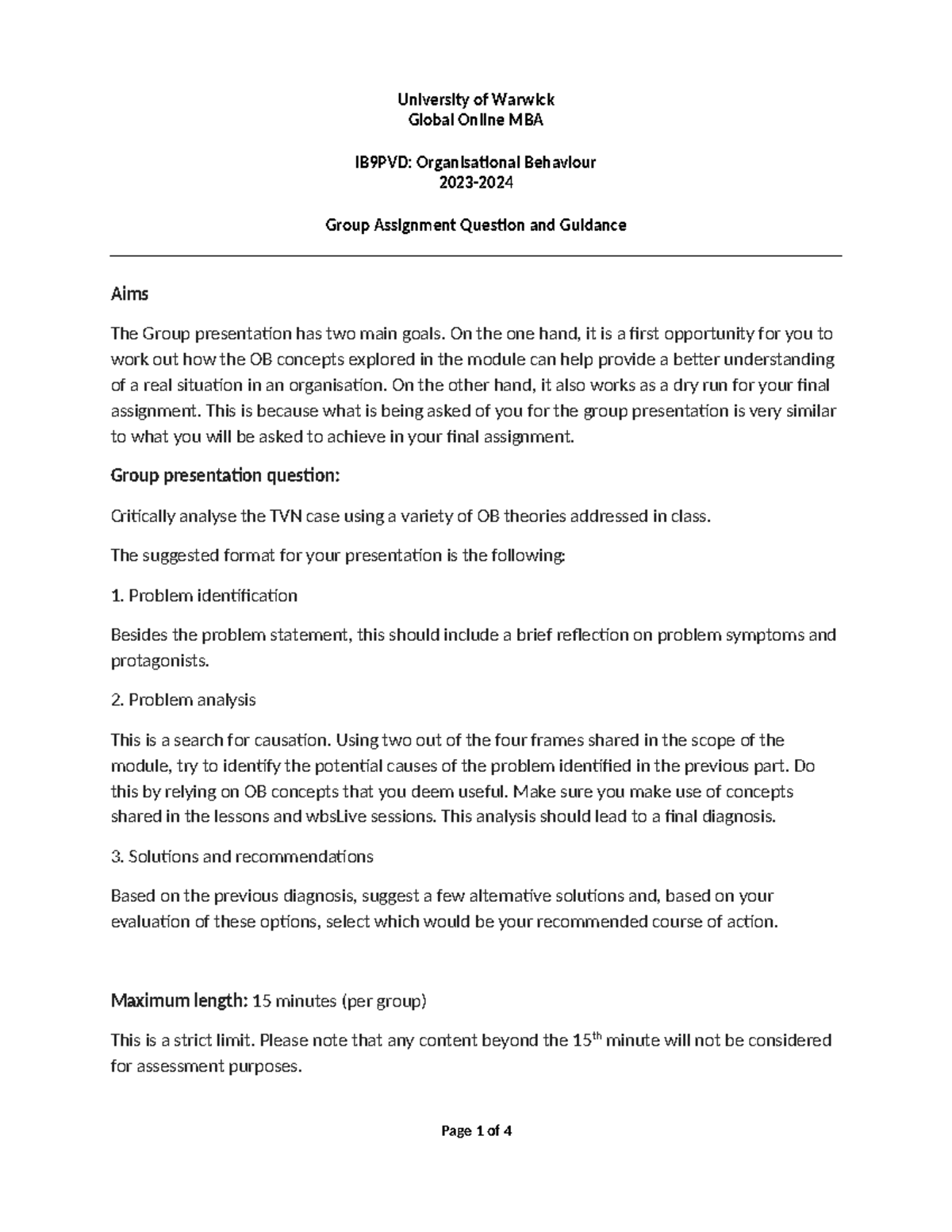 Group Assignment Question Jan 4 - University of Warwick Global Online ...