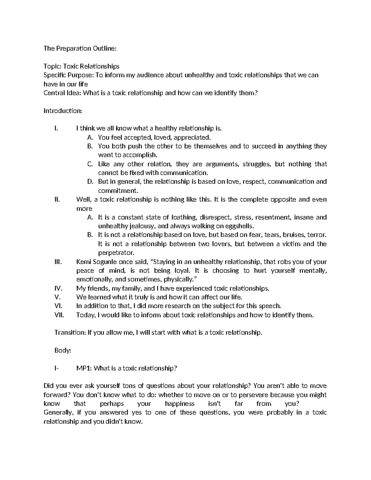 Informative Speech Preparation Outline - Hiba Rafi - The Preparation ...