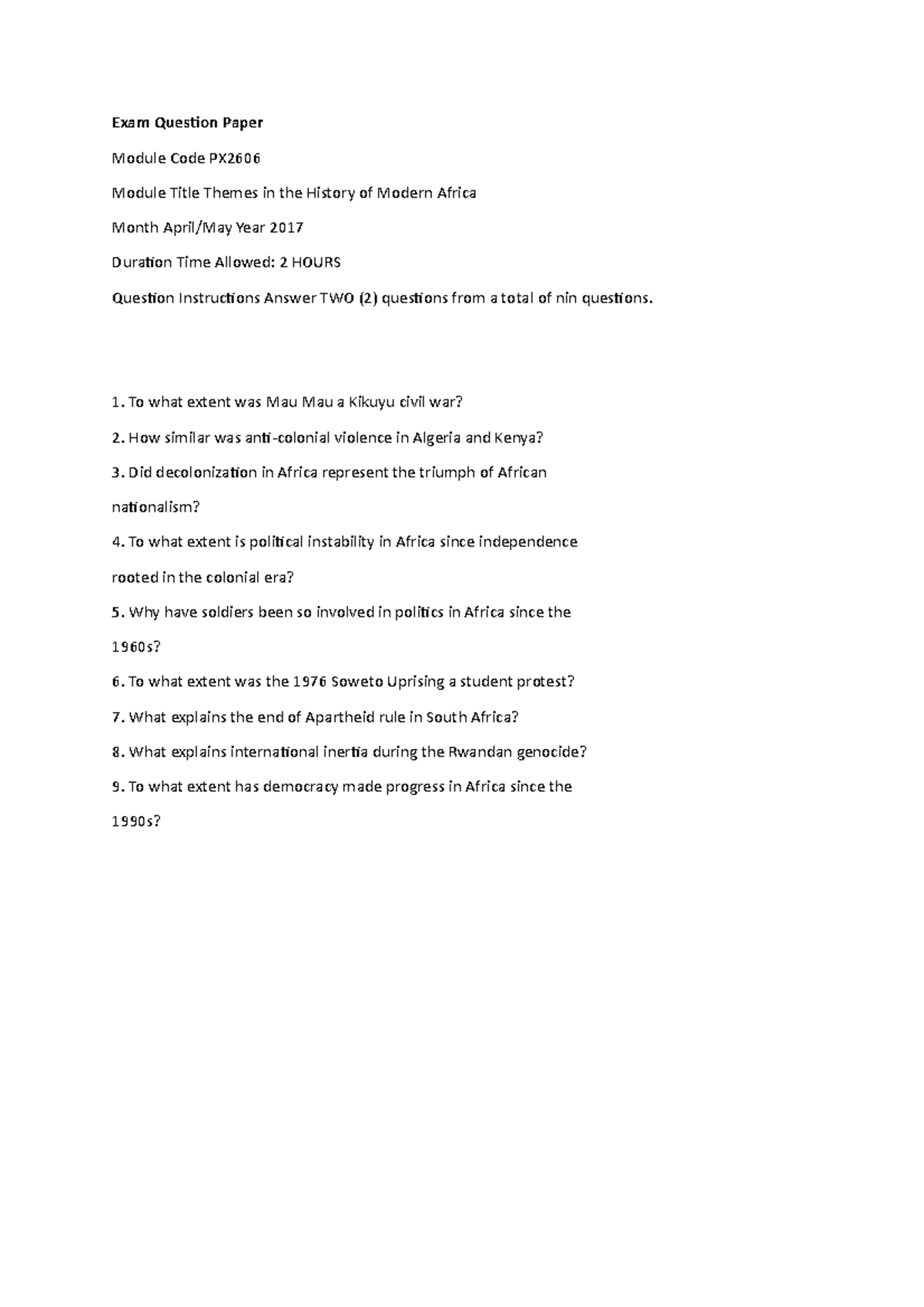 Exam 2017 Themes in the History of Modern Africa - Exam Question Paper ...