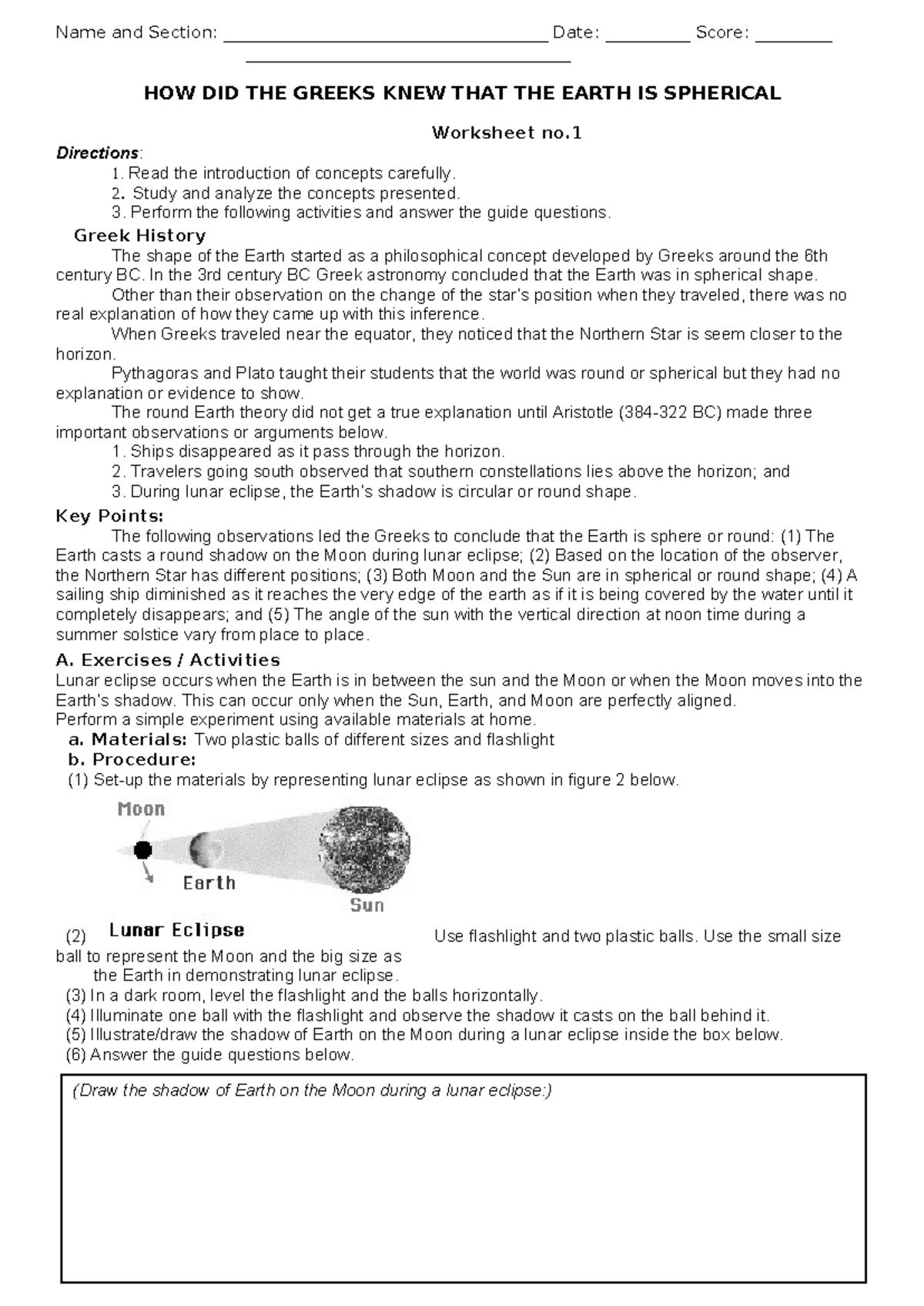 1 How Greeks knew that the Earth is spherical - Name and Section: - Studocu