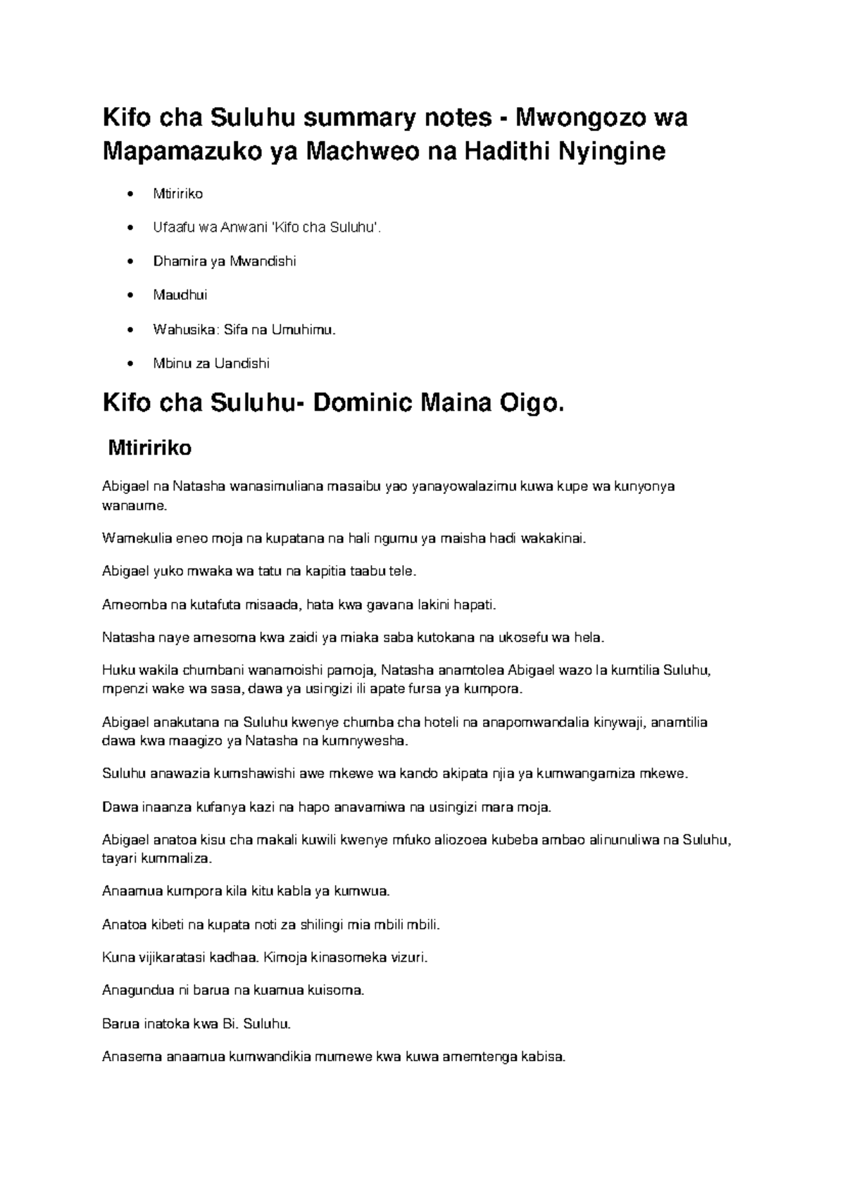 Kifo cha Suluhu summary notes Mwongozo wa Mapamazuko ya Machweo ...