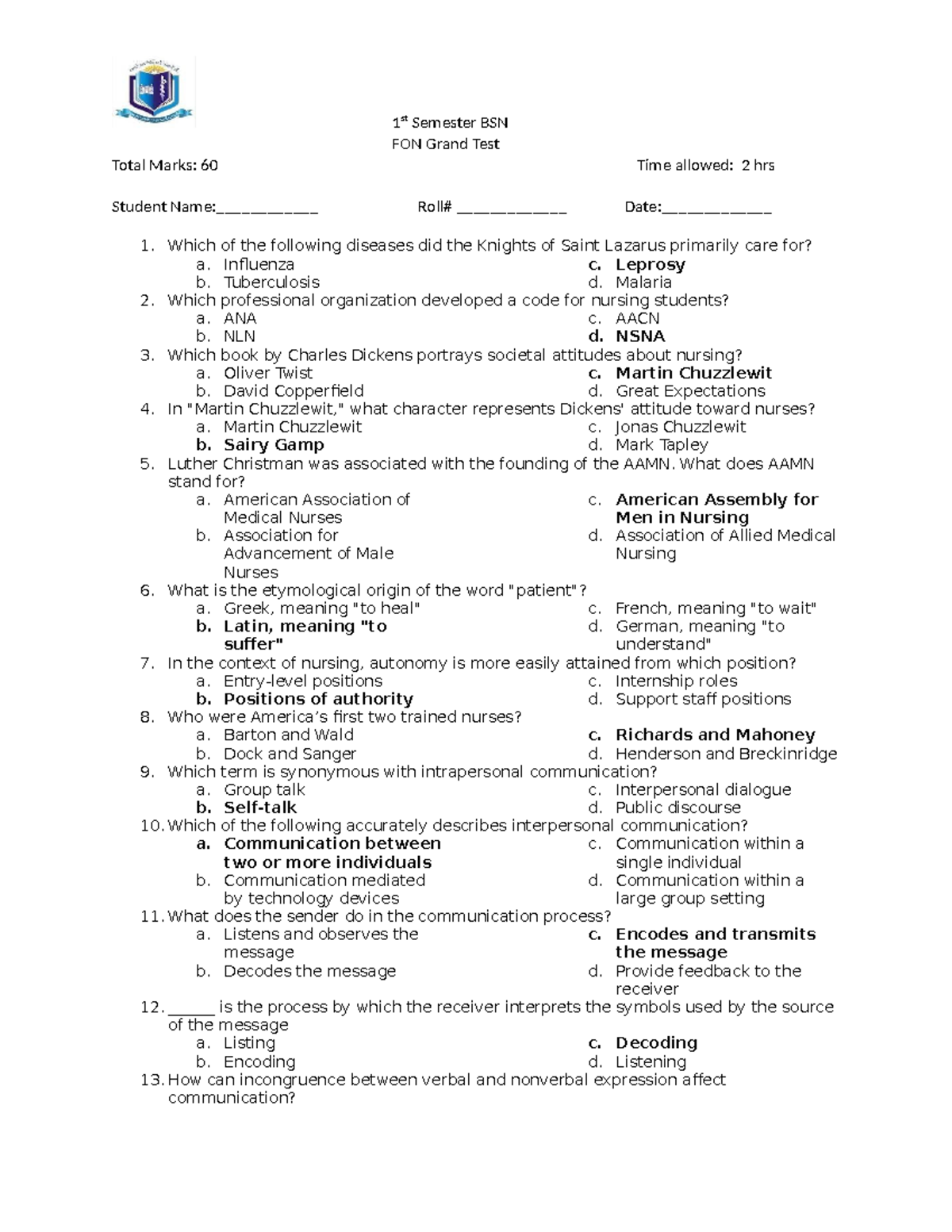 Grand Test FON for students - 1 st Semester BSN FON Grand Test Total ...
