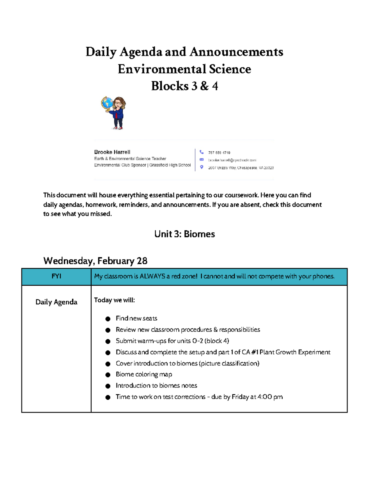 Unit 3 Biomes -Daily Agenda Environmental Science - Daily Agenda and ...