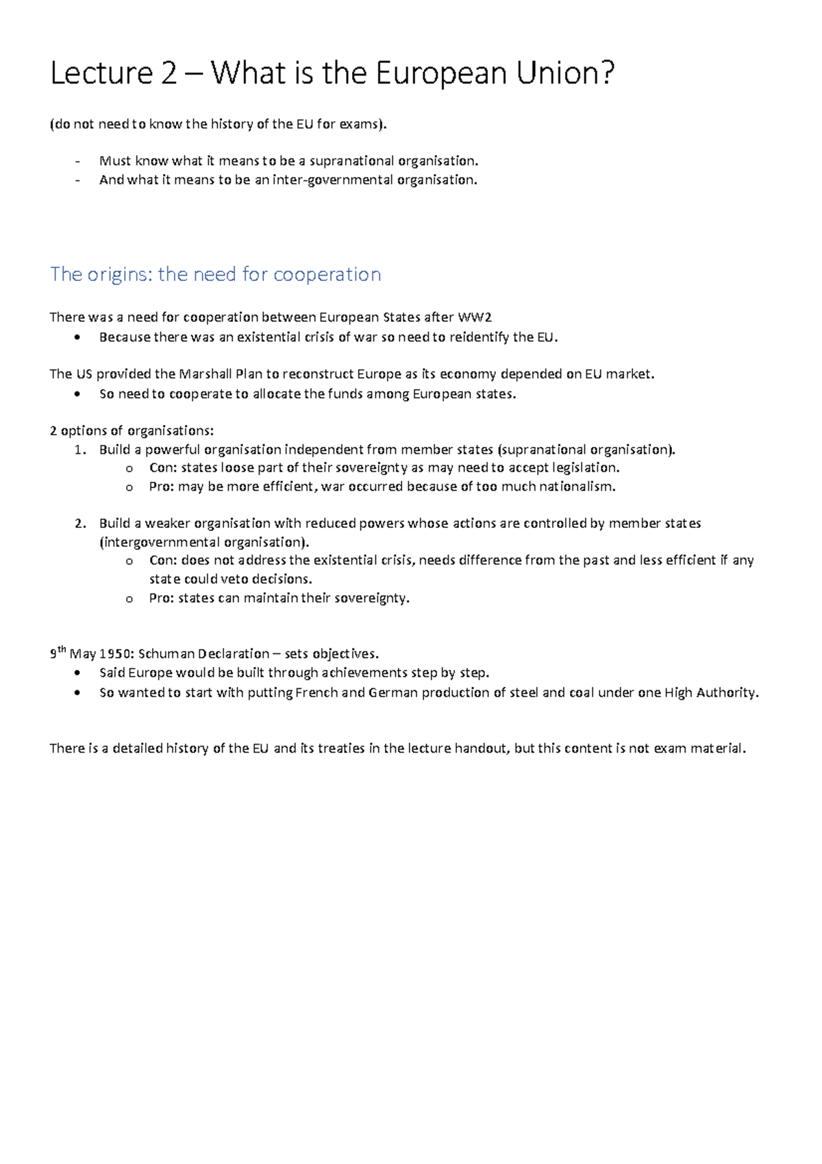 What is the European Union Lecture 2 notes - Lecture 2 – What is the ...