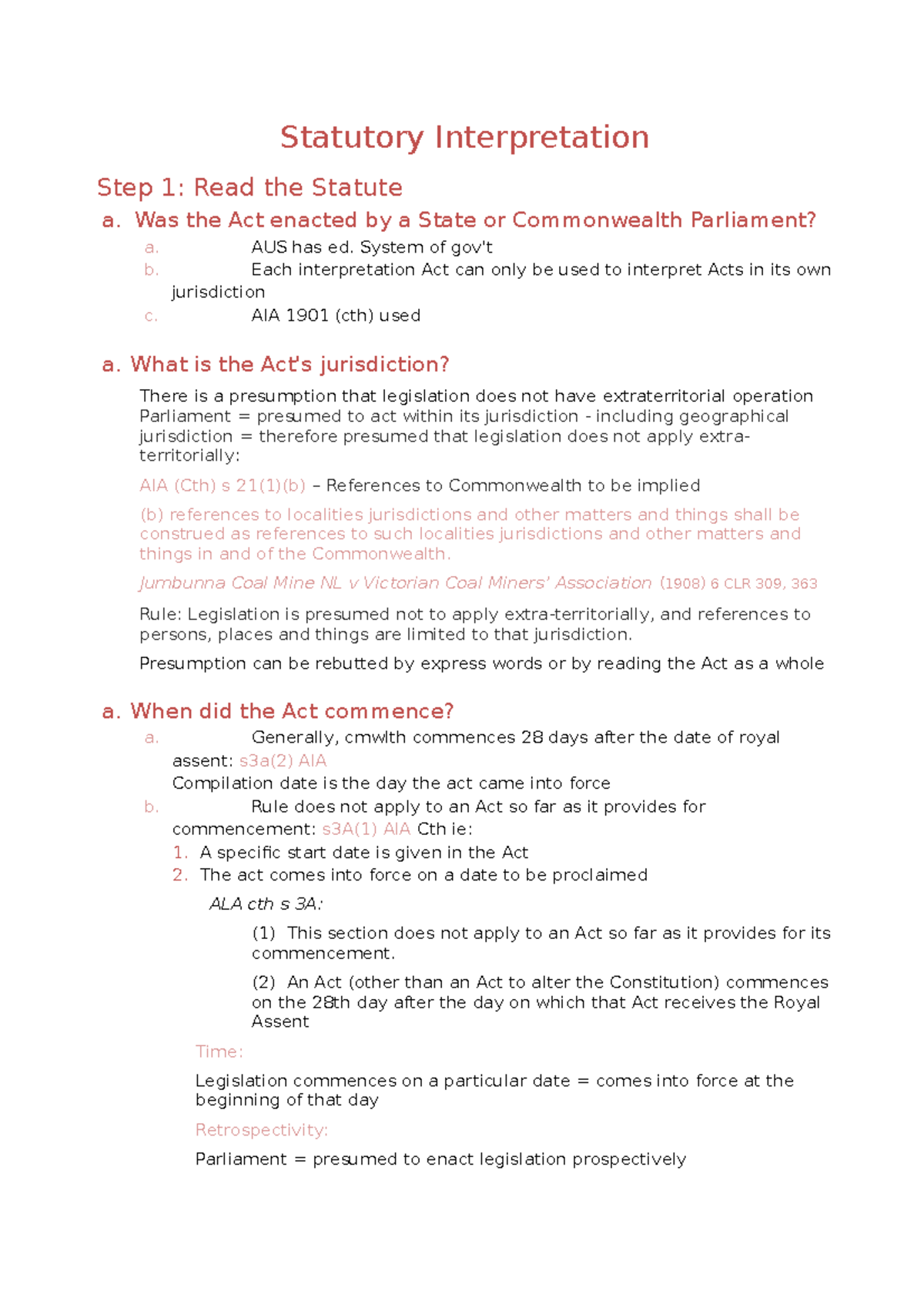 Final final exam sheet - Statutory Interpretation Step 1: Read the ...